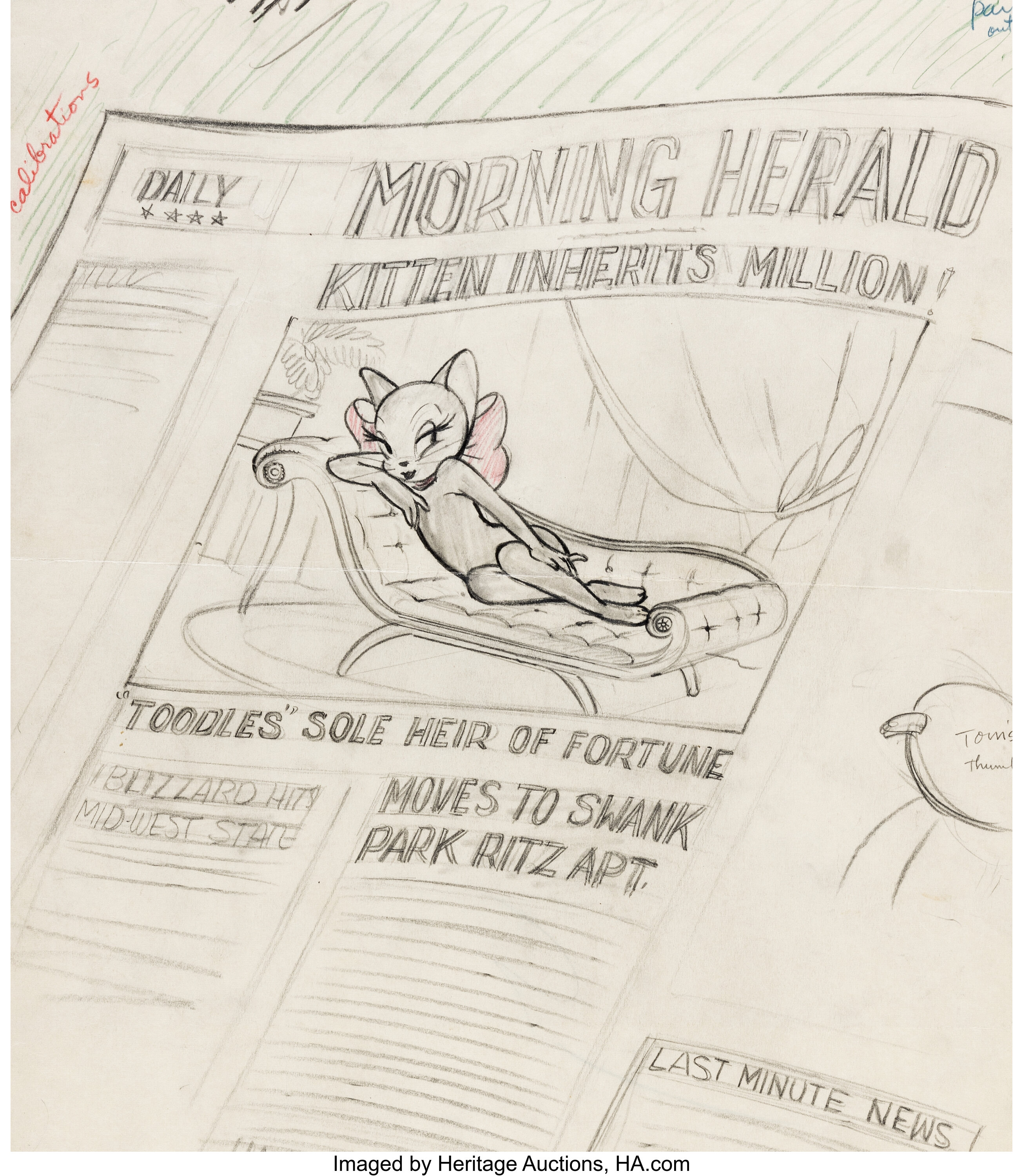 Tom and Jerry Casanova Cat Toodles Pan Layout Drawing (MGM, | Lot ...