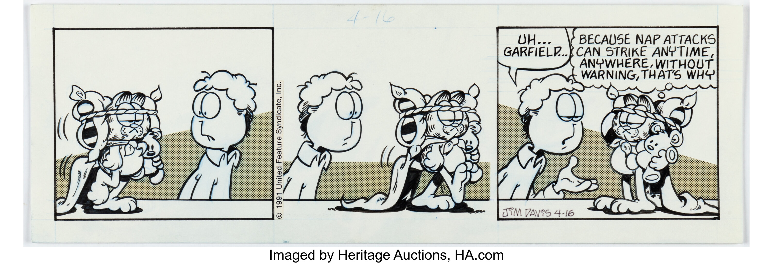 Jim Davis Garfield Daily Comic Strip Original Art dated 4-16-91 | Lot ...