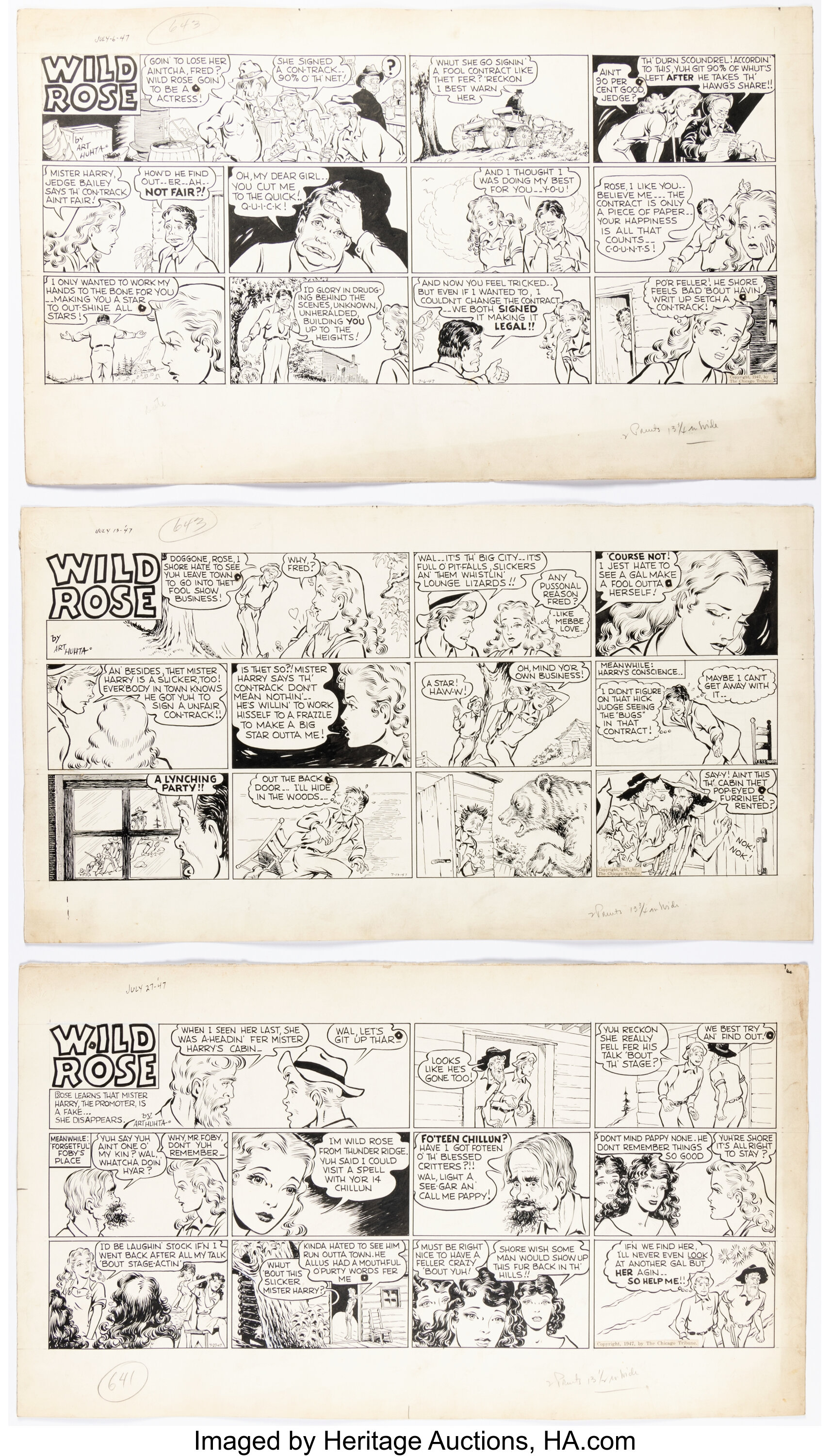 Art Huhta Wild Rose Sunday Comic Strip Original Art Group of 3 | Lot ...