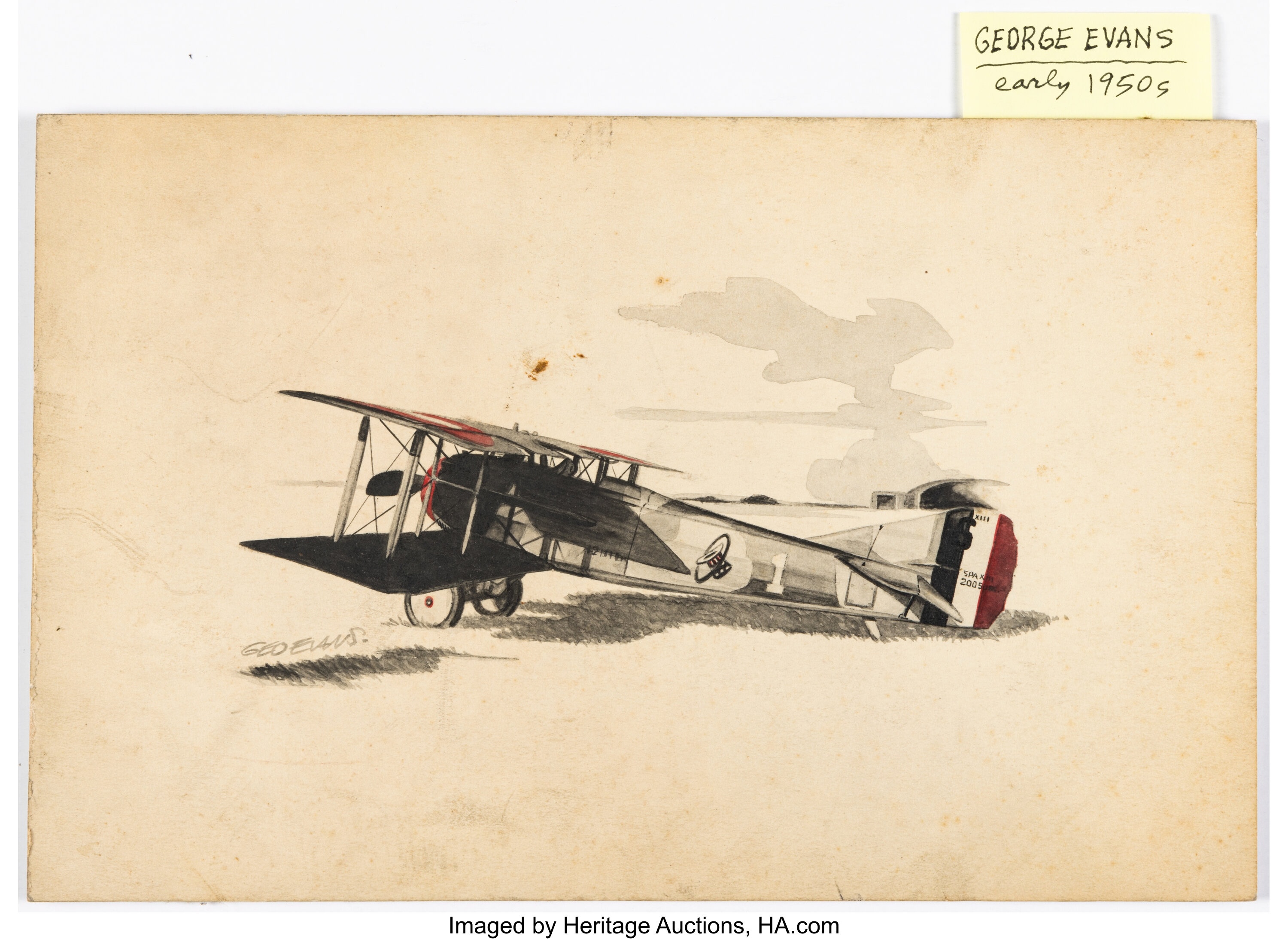 George Evans - Biplane Illustration Original Art (c. 1950s).... | Lot ...