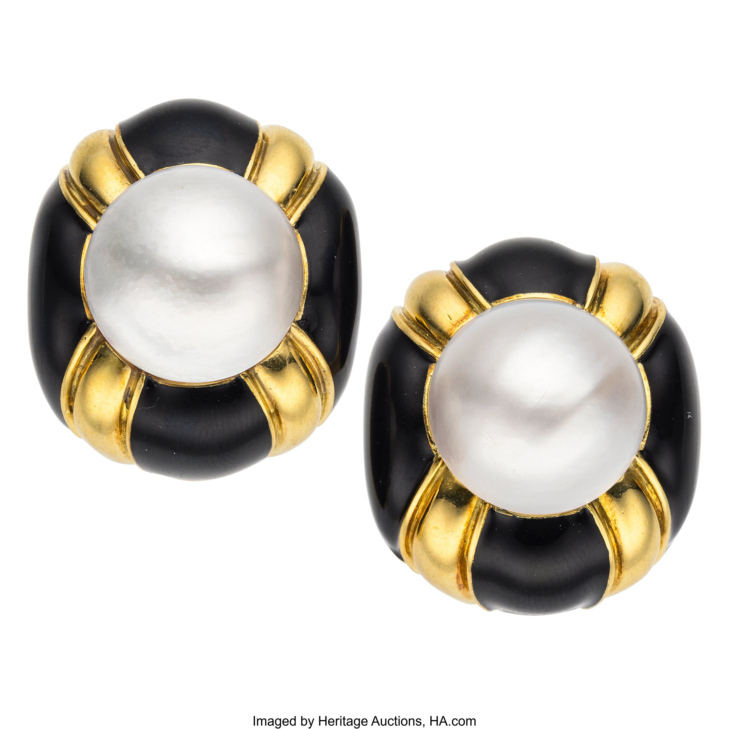 Andrew Clunn Mabe Pearl, Enamel, Gold Earrings. ... Estate Jewelry ...