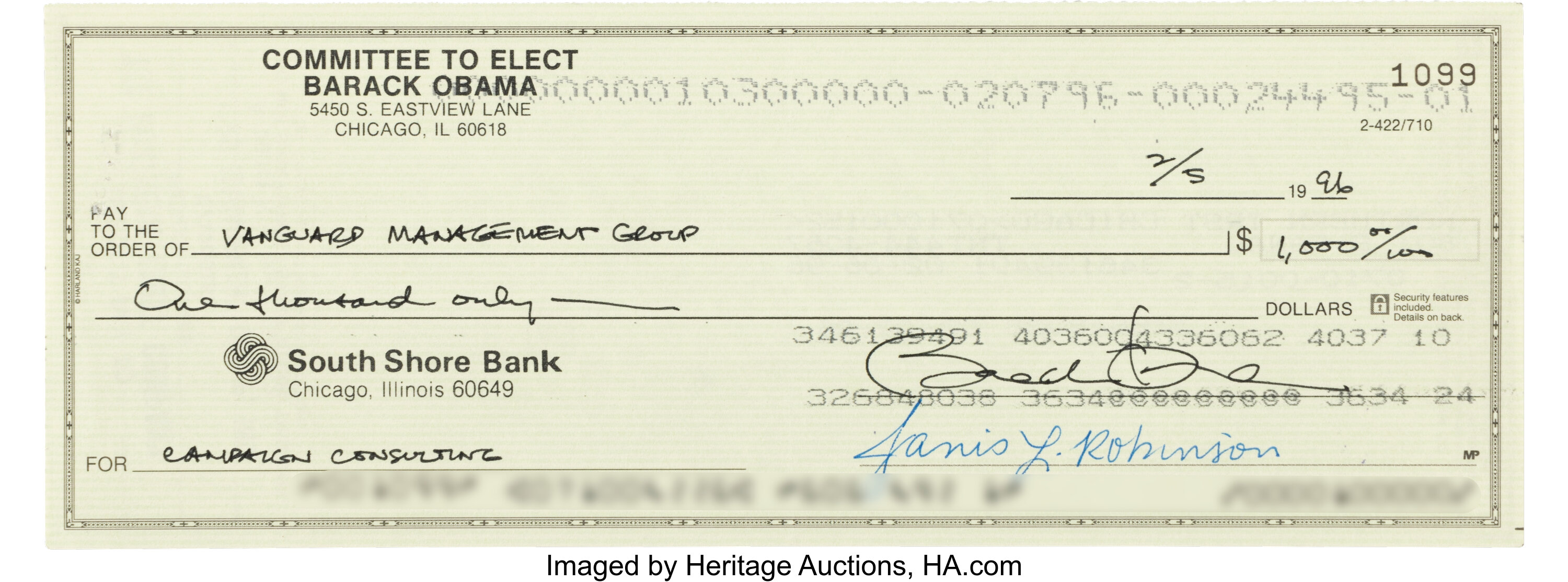 Barack Obama Signed Check from 1996 State Senate Campaign.... | Lot ...