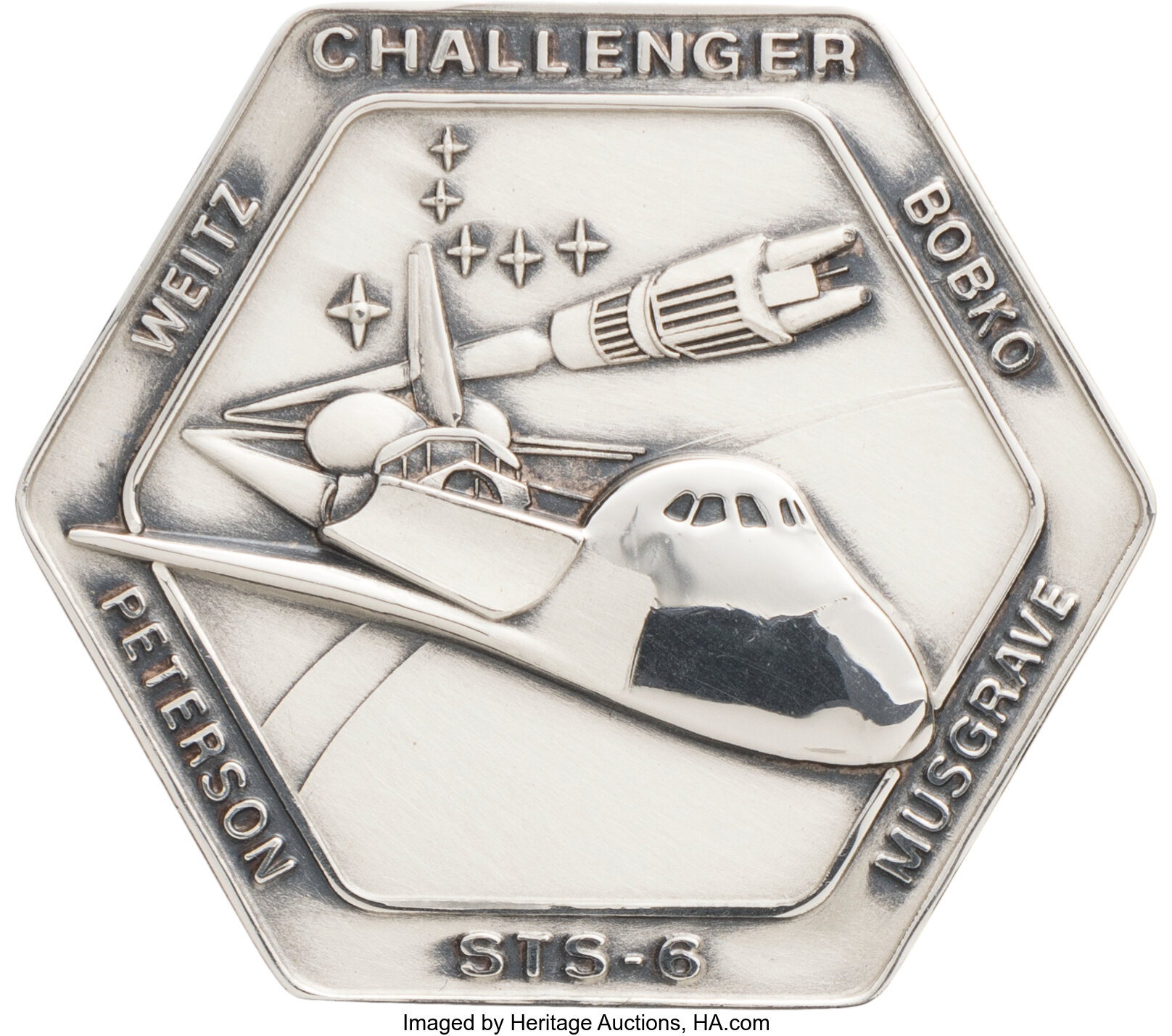 Space Shuttle Challenger (STS-6) Flown Silver Robbins Medallion, | Lot ...