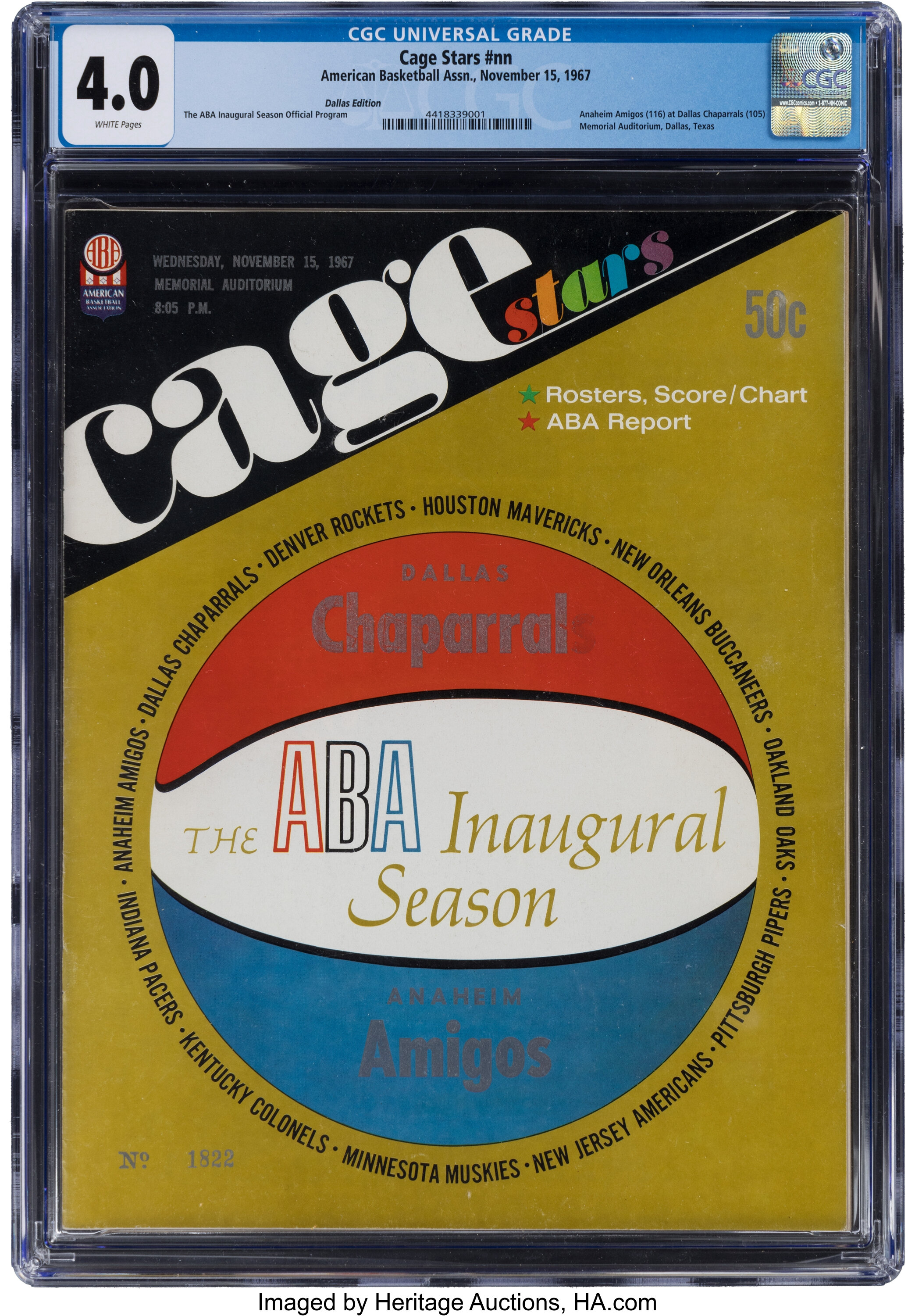 1967 Anaheim Amigos vs. Dallas Chaparrals ABA Game Program, CGC 4.0 ...