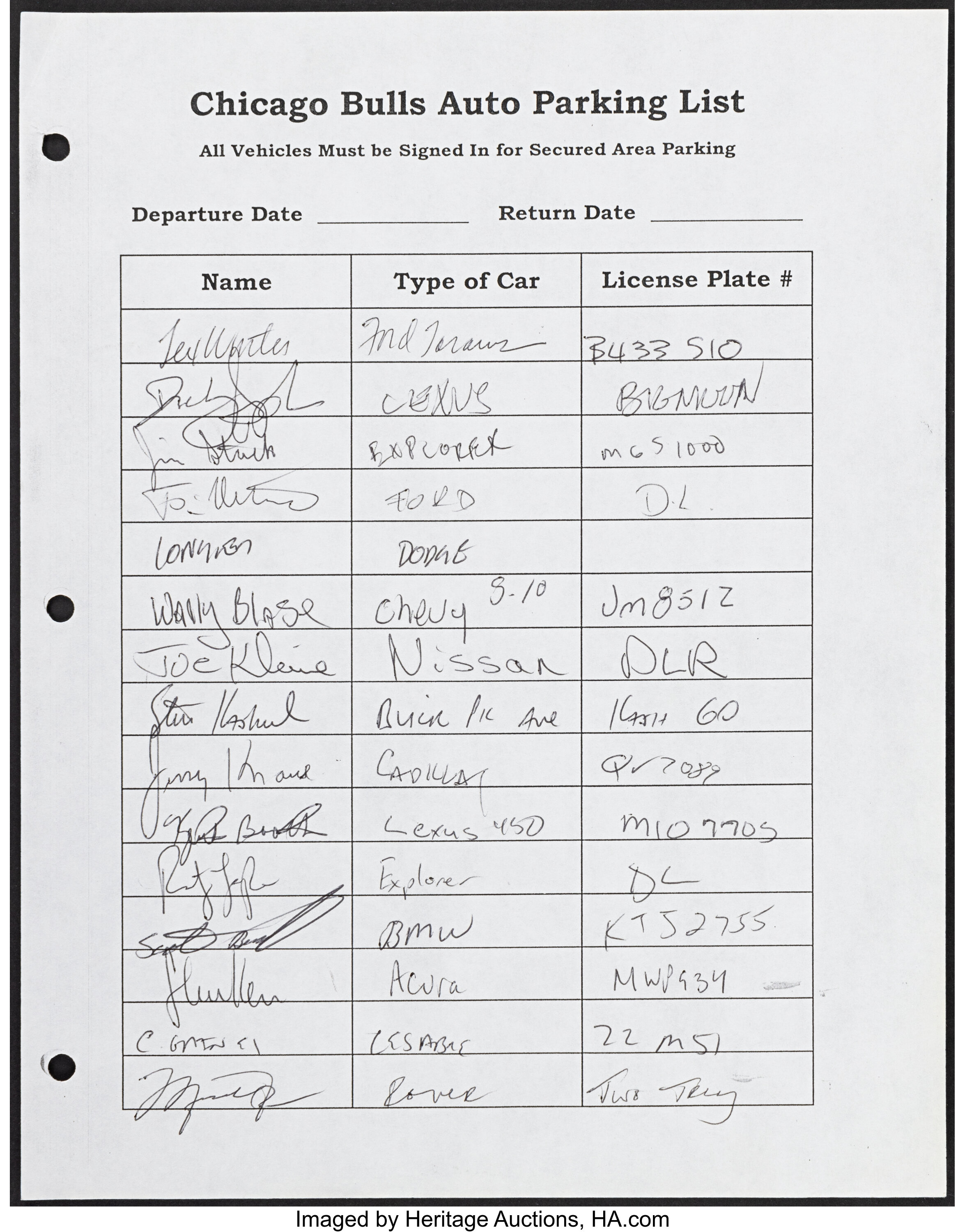 1990's Chicago Bulls Signed Parking Sheet with Michael Jordan.... | Lot ...