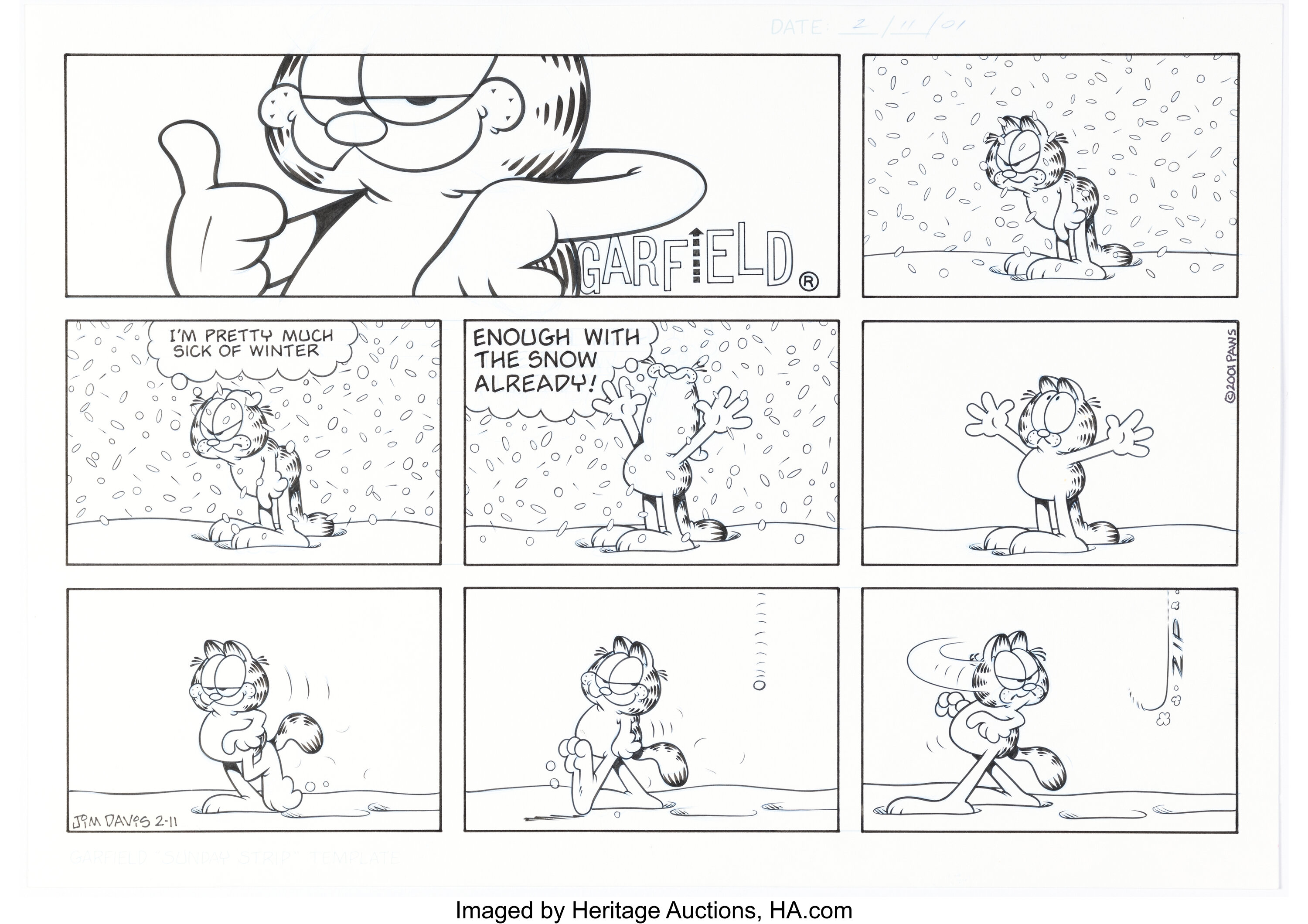 Jim Davis Garfield Sunday Comic Strip Original Art dated 2-11-01 | Lot ...
