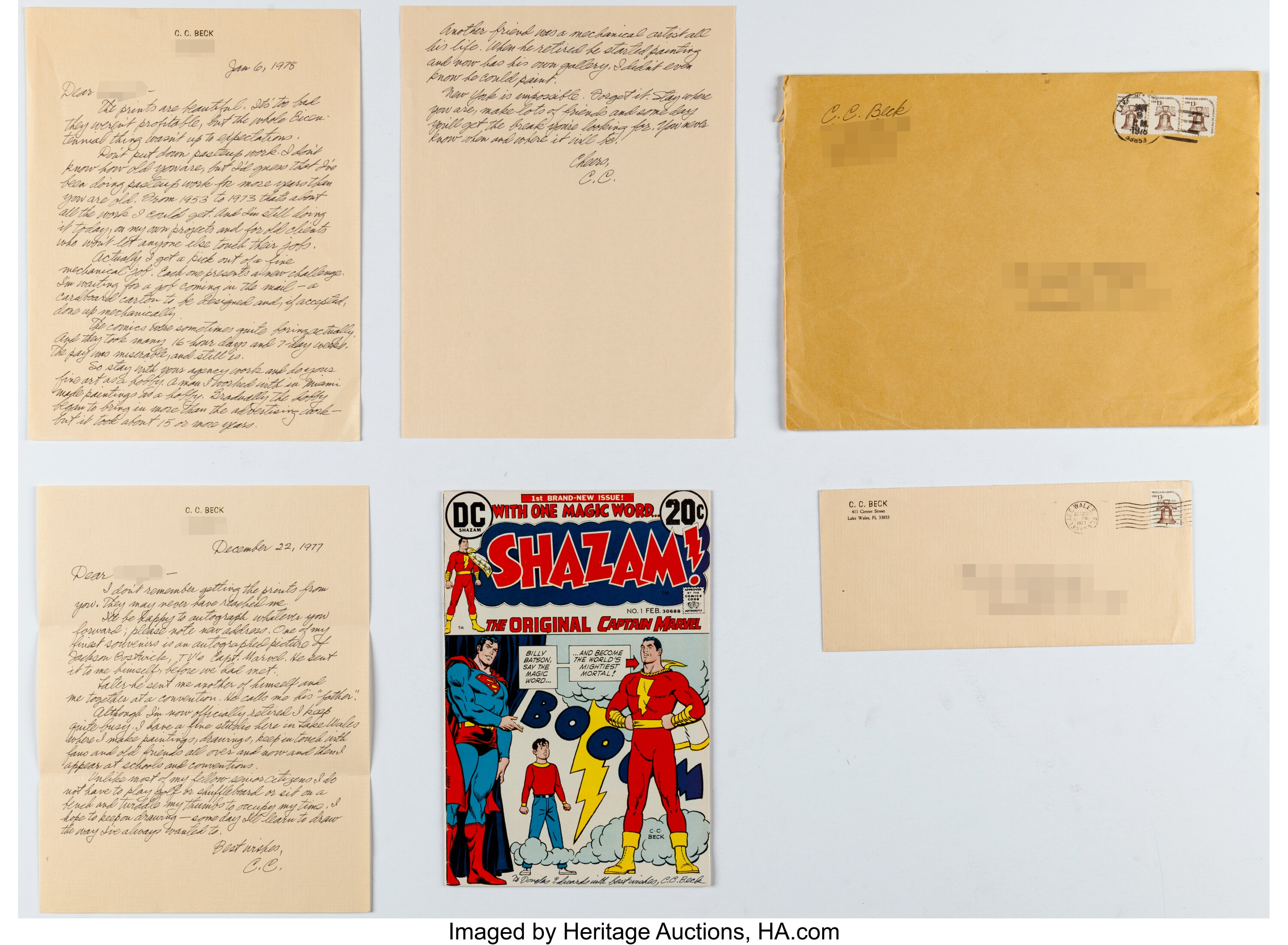 C.C. Beck Letters, Envelopes, and Signed Comic Group of 5 (Various ...