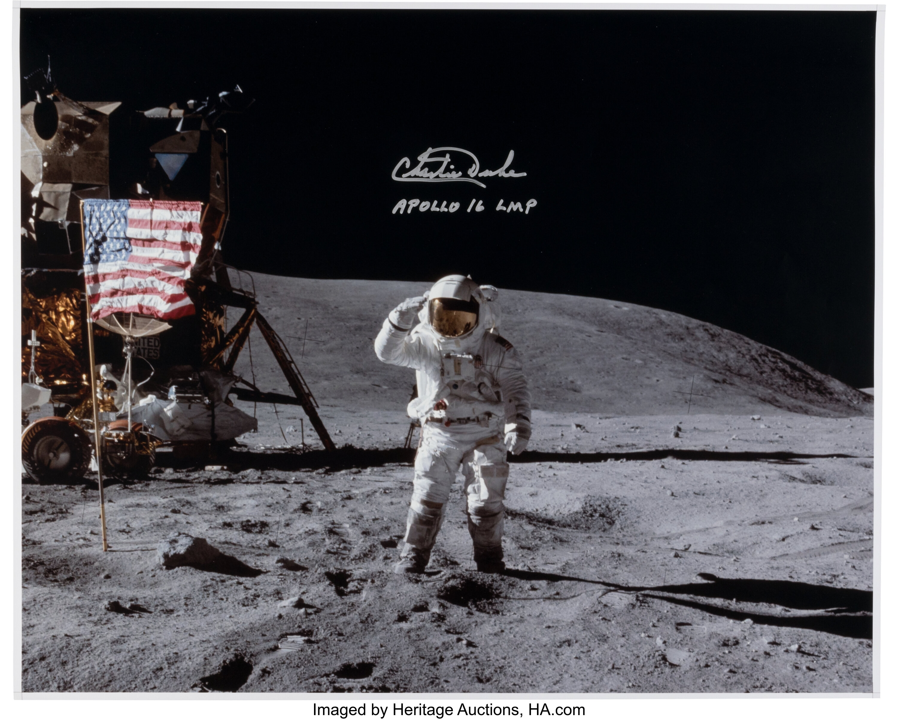Charlie Duke Signed Large Apollo 16 Lunar Surface "Flag Salute" | Lot ...
