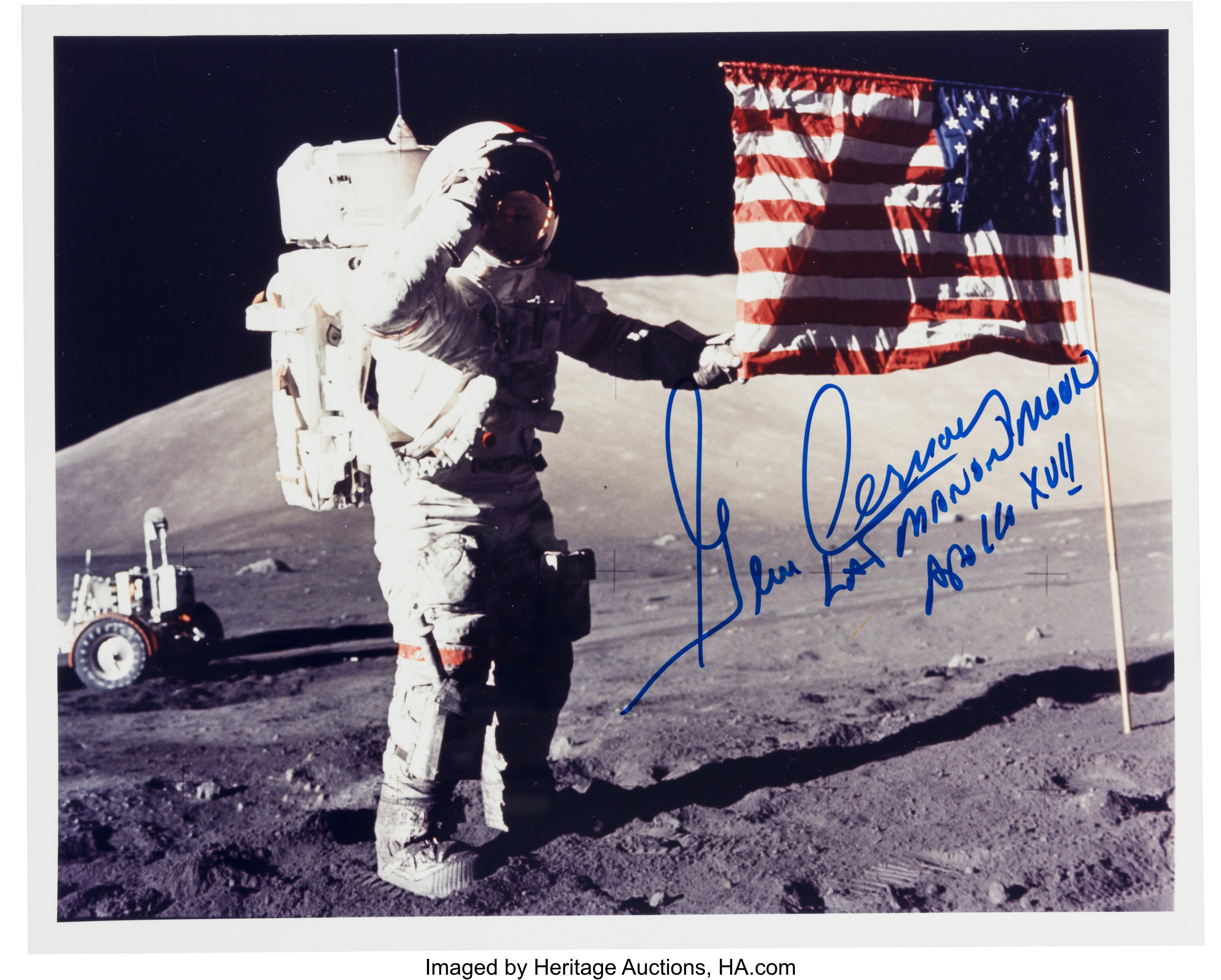Gene Cernan Signed Apollo 17 Lunar Surface Flag Salute Color Photo ...