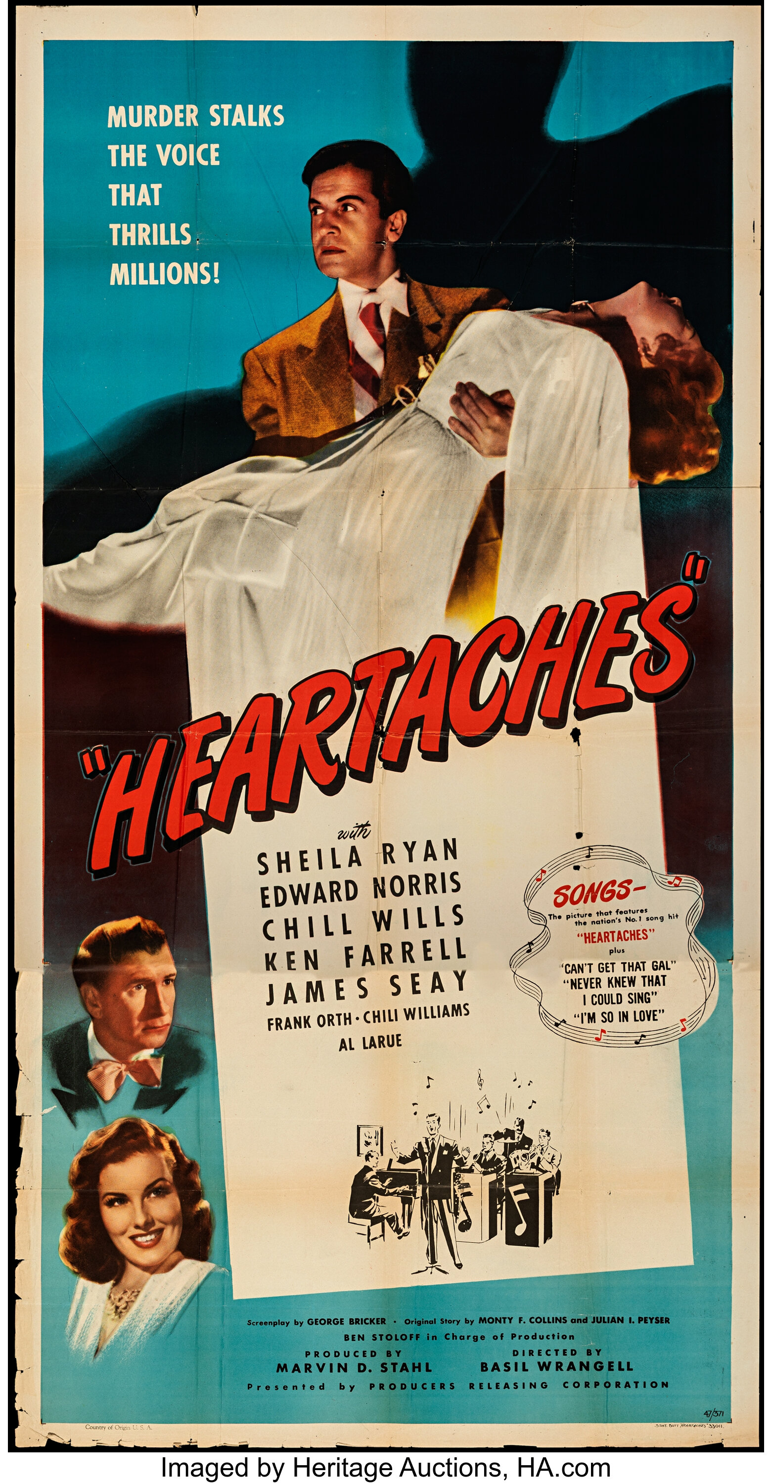 Heartaches (PRC, 1947). Folded, Fine/Very Fine. Three Sheet (41" X ...