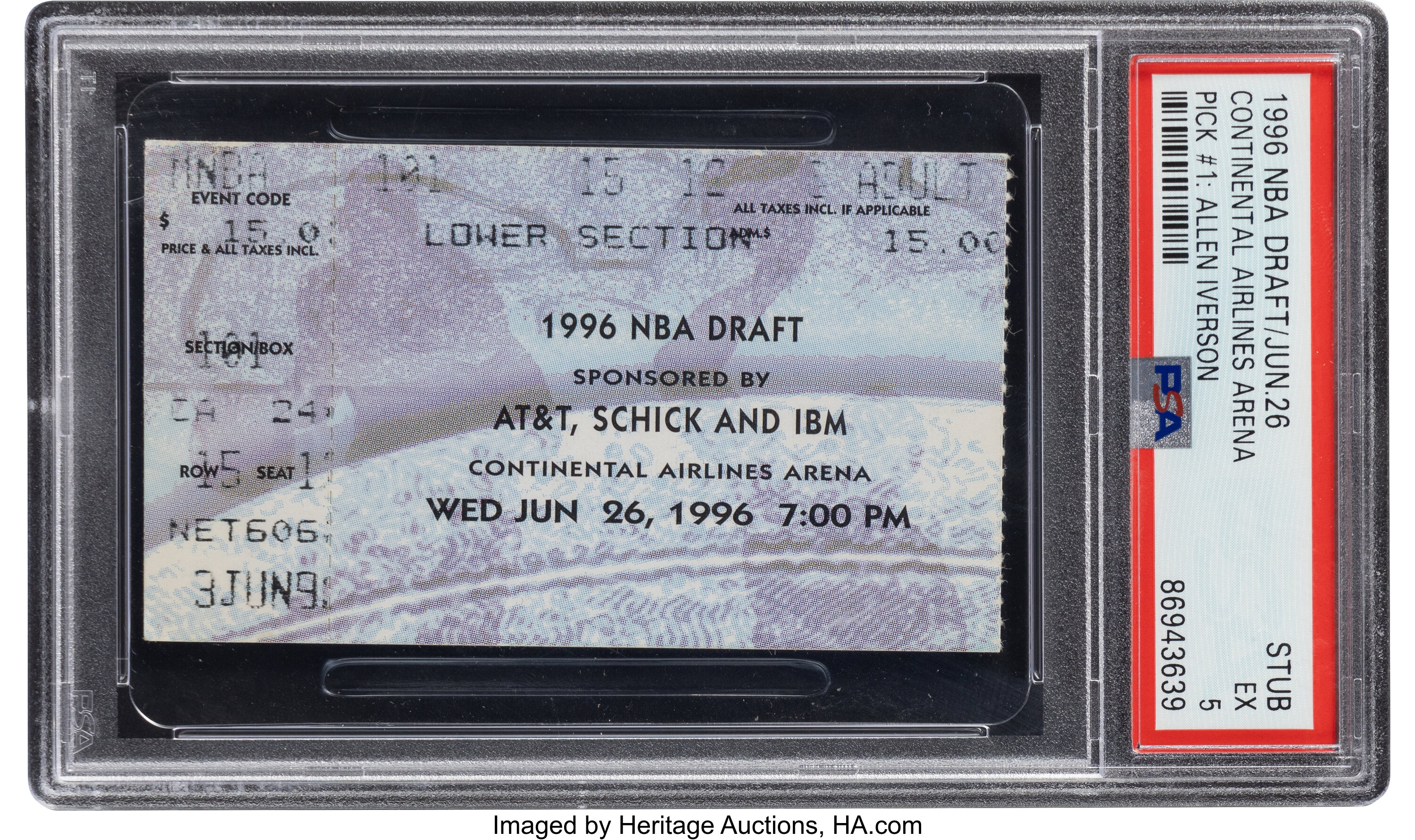 1996 NBA Draft Ticket Stub, PSA EX 5 - Allen Iverson #1 & Kobe | Lot ...