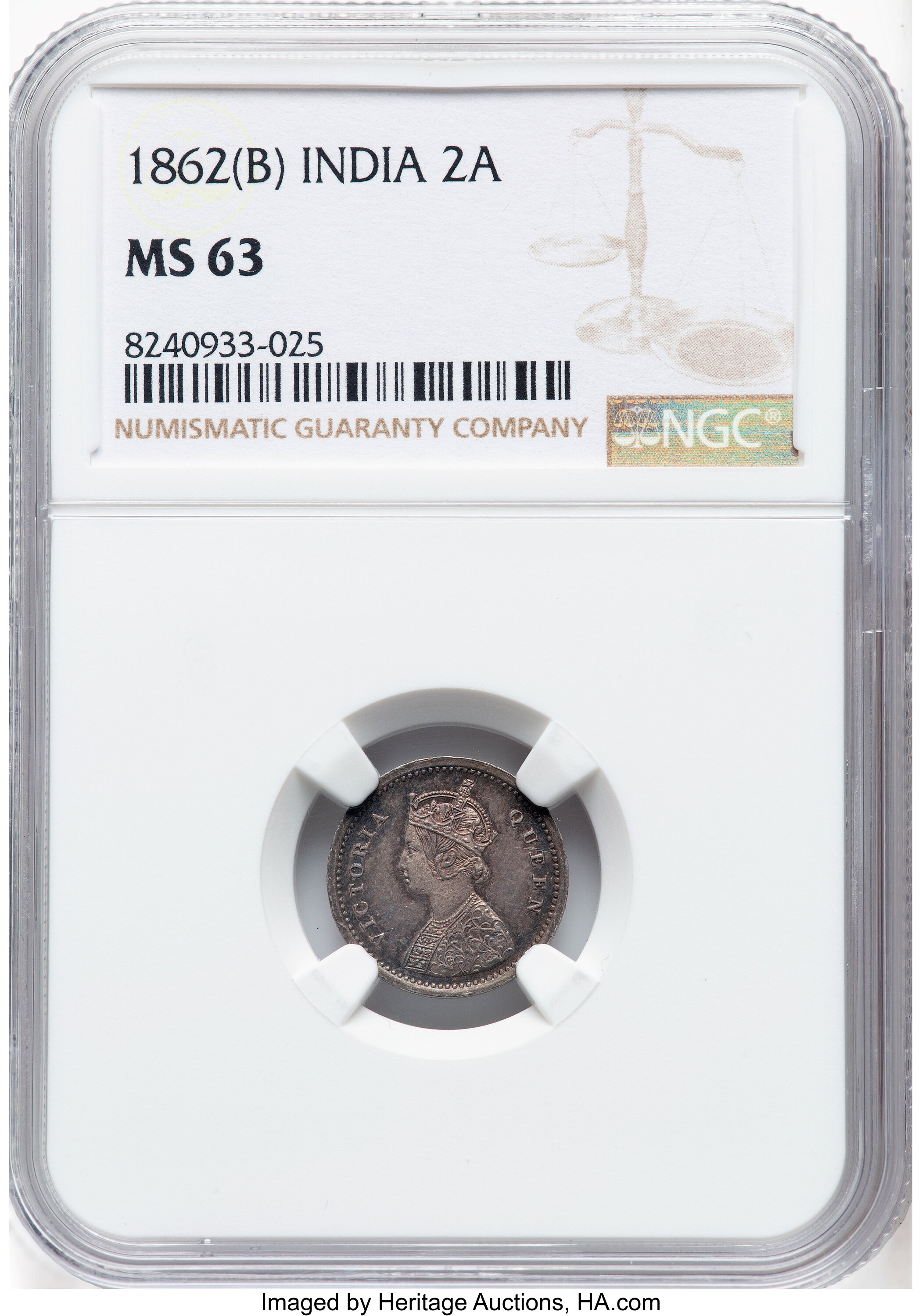 India: British India. Victoria 2 Annas 1862-(b) MS63 NGC,... India ...