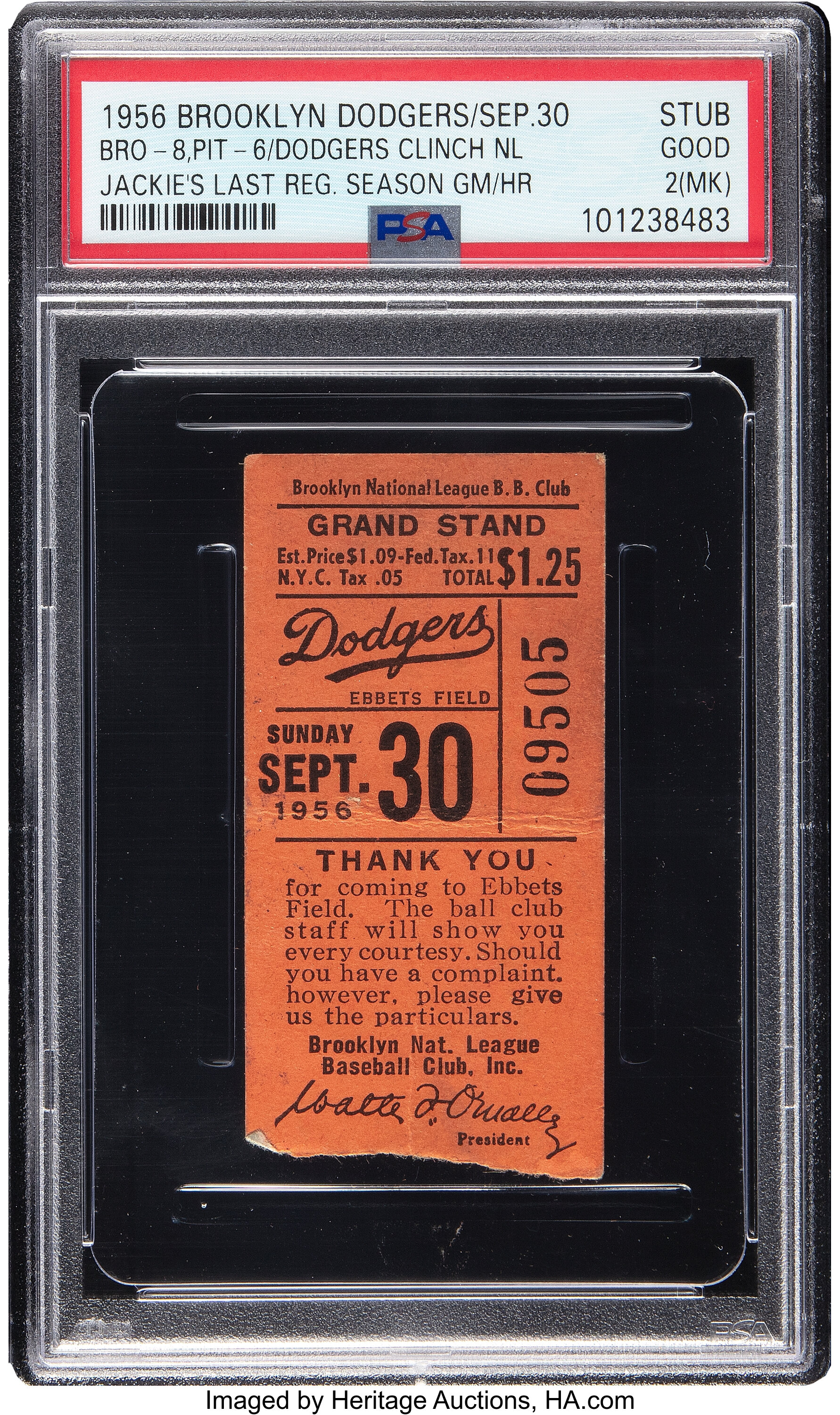 1956 Jackie Robinson Last Regular Season & Home Run Ticket Stub, | Lot ...