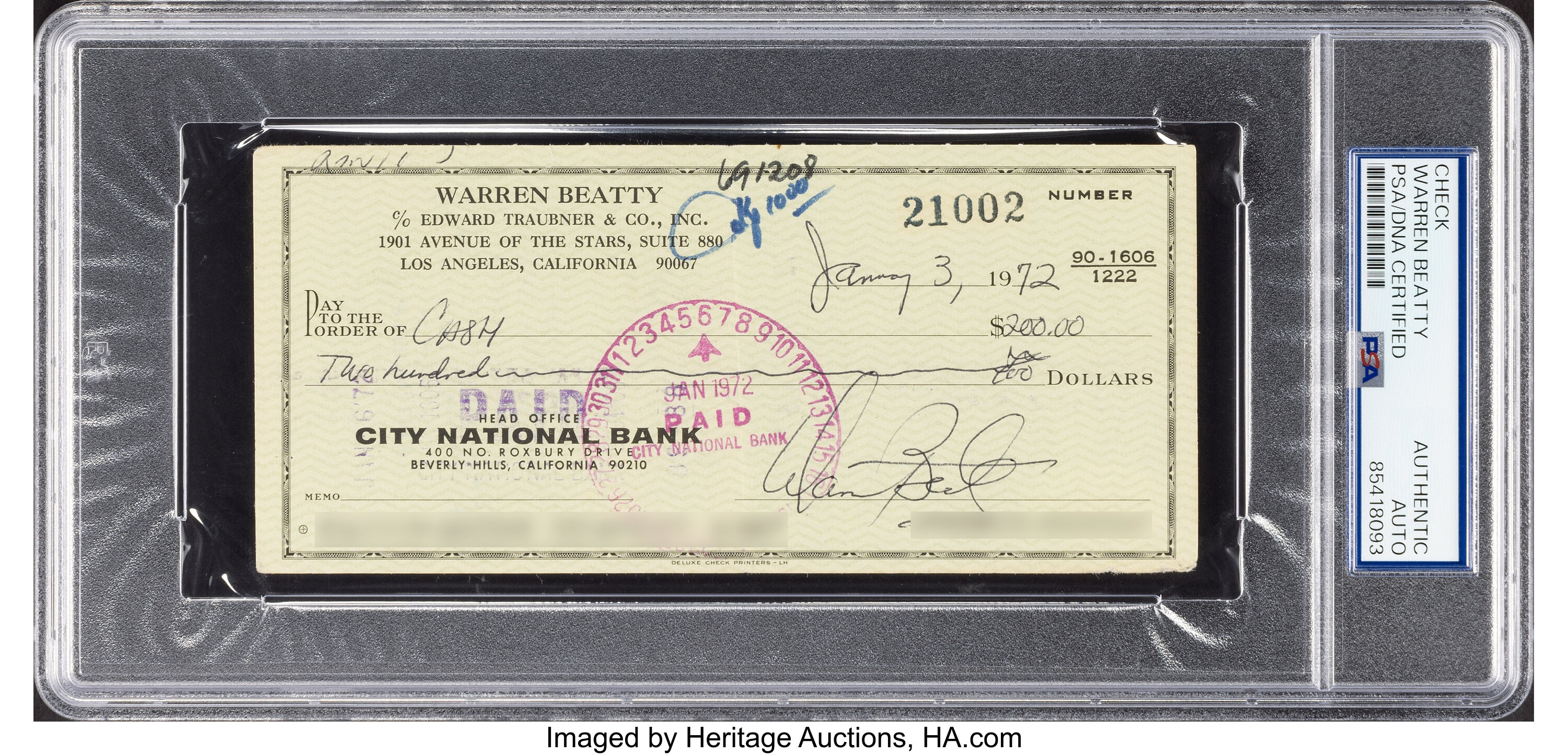 Warren Beatty Signed Check (1972).... Movie/TV Memorabilia | Lot #4261 ...