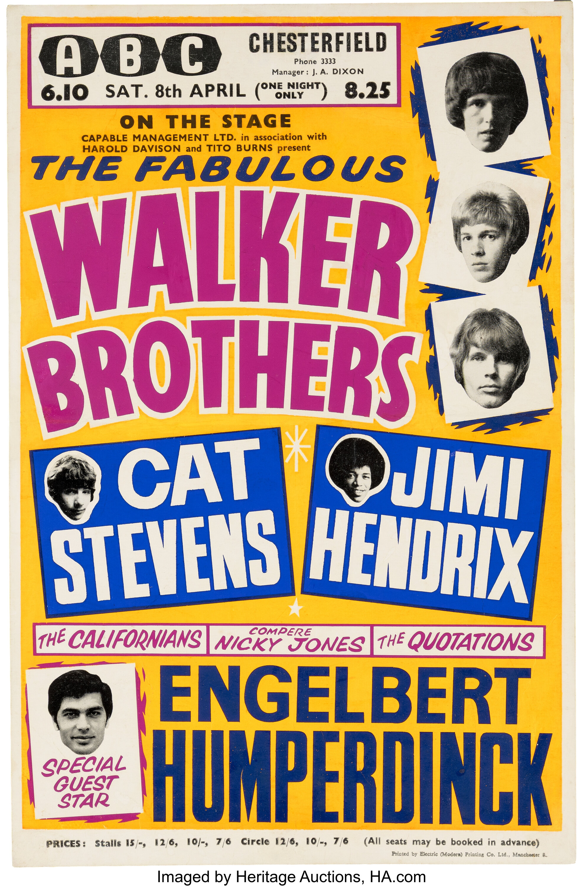 Jimi Hendrix Spring 1967 U.K. Concert Poster w/Walker Bros. and Cat ...