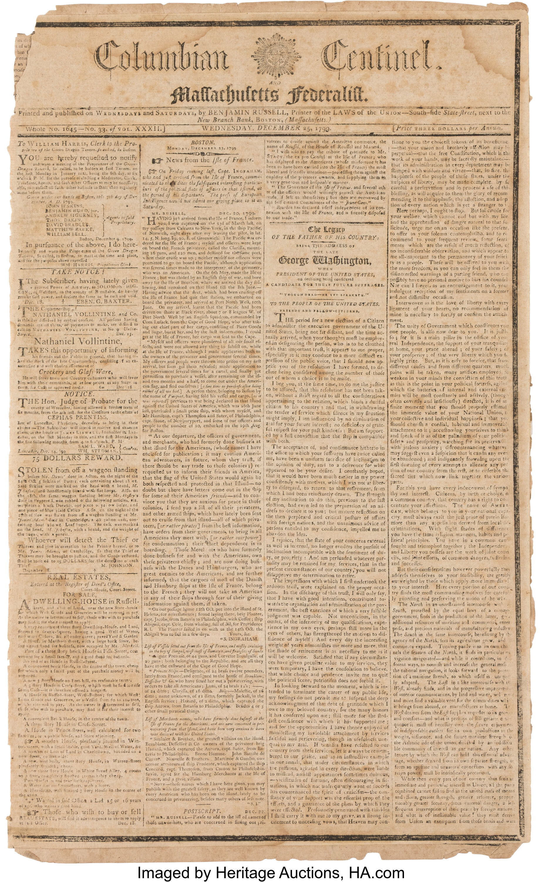 George Washington: 1799 Newspaper Announcing His Death.... | Lot #61009 ...