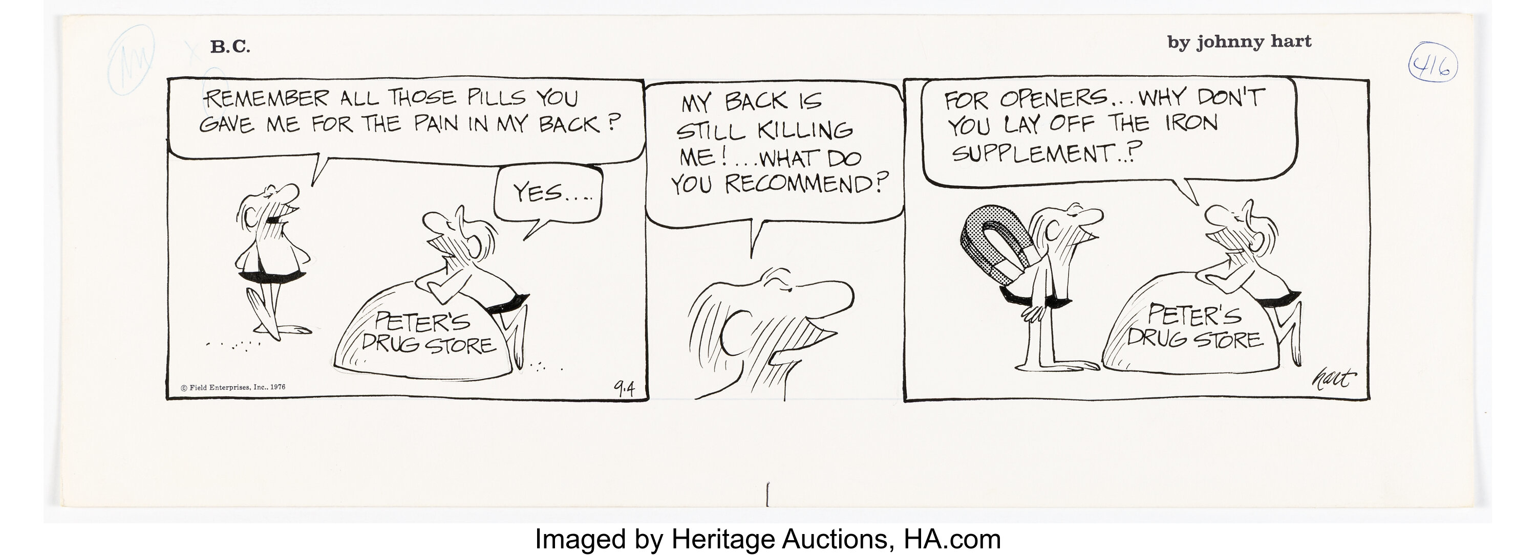 Johnny Hart B.C. Daily Comic Strip Original Art dated 9-4-76 (Field ...