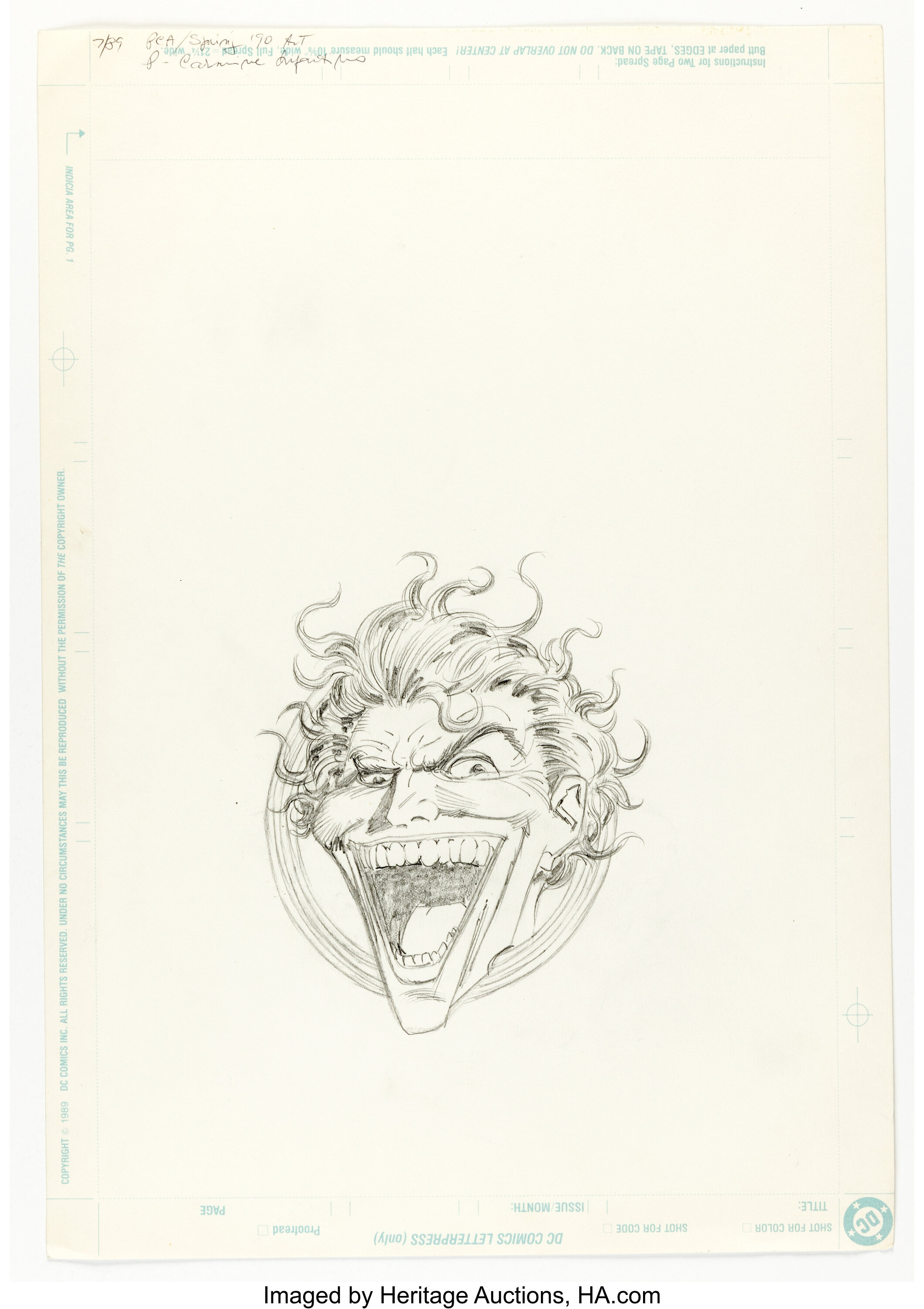 Carmine Infantino - The Joker Headshot Illustration Original Art | Lot ...