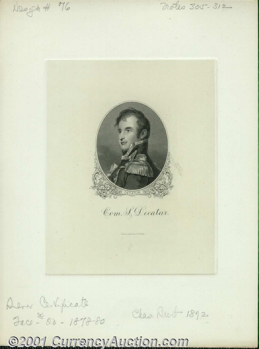 Charles Schlecht security engraving of Commodore Stephen Decatu ...
