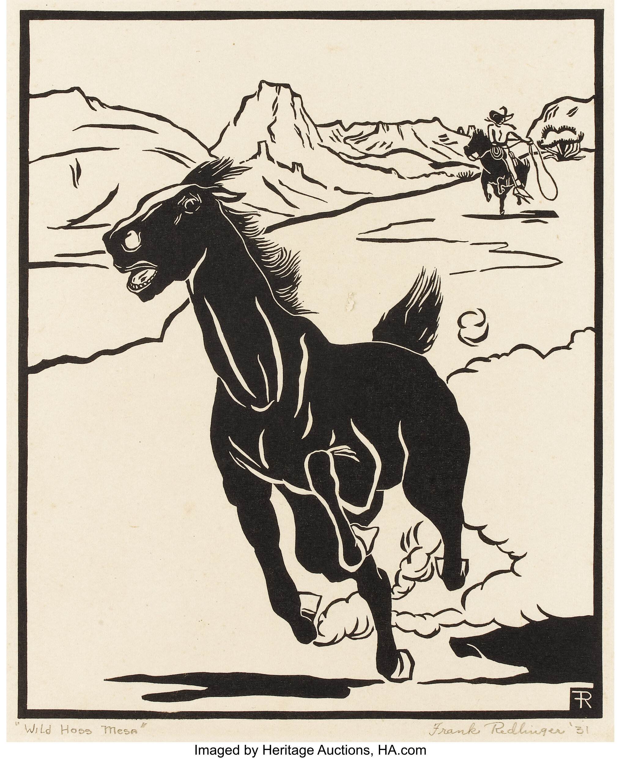 FRANK REDLINGER (1909-1936). Wild Hoss Mesa, 1931. Block print. | Lot ...