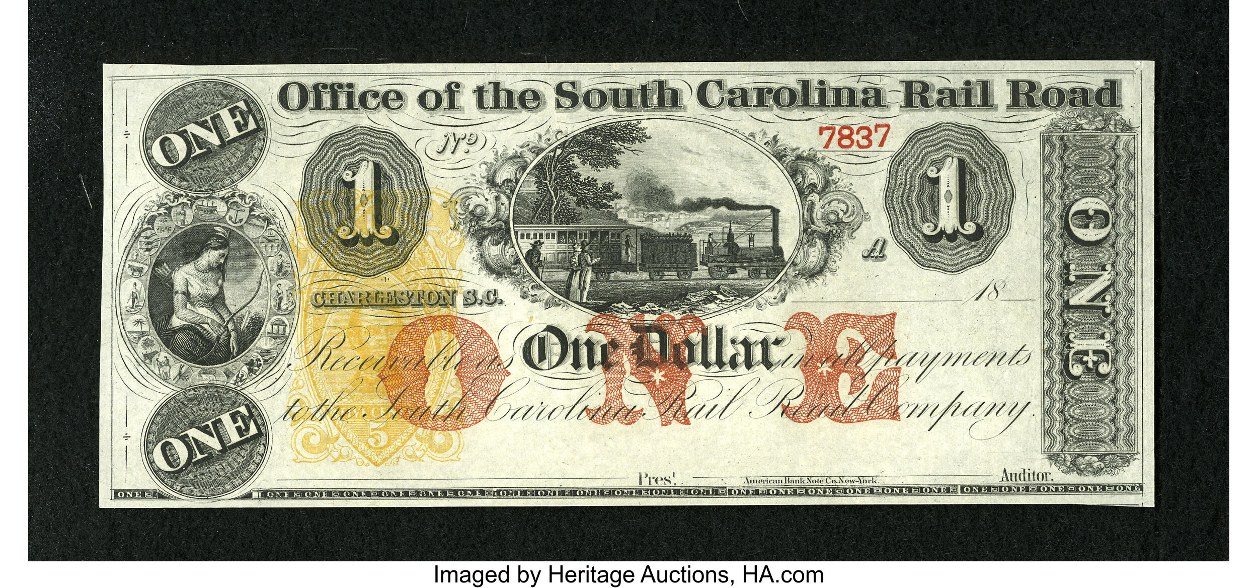 Charleston, SC- Office of the South Carolina Rail Road $1 18__. | Lot ...