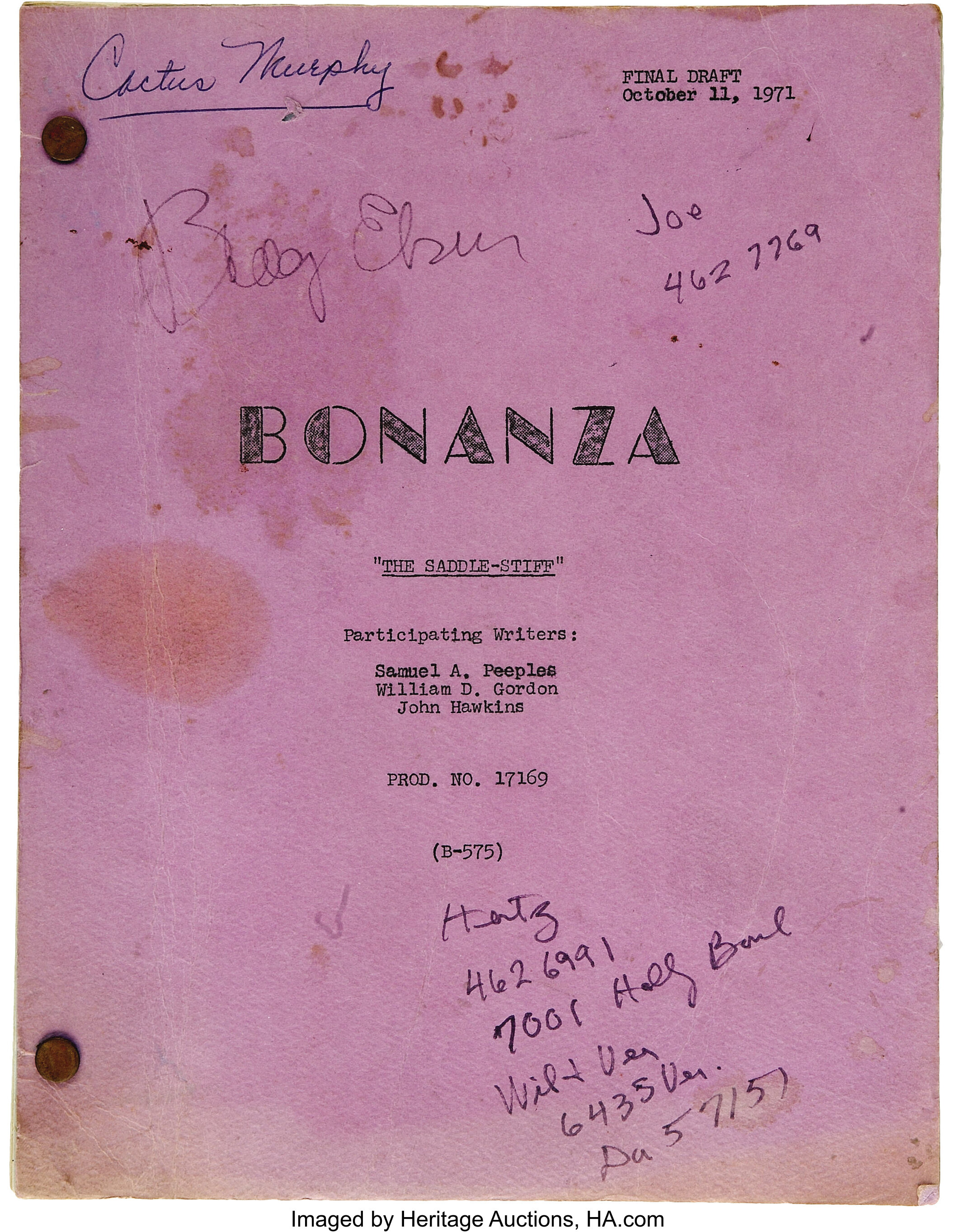 Buddy Ebsen Script from Bonanza. Final Draft script, dated October ...