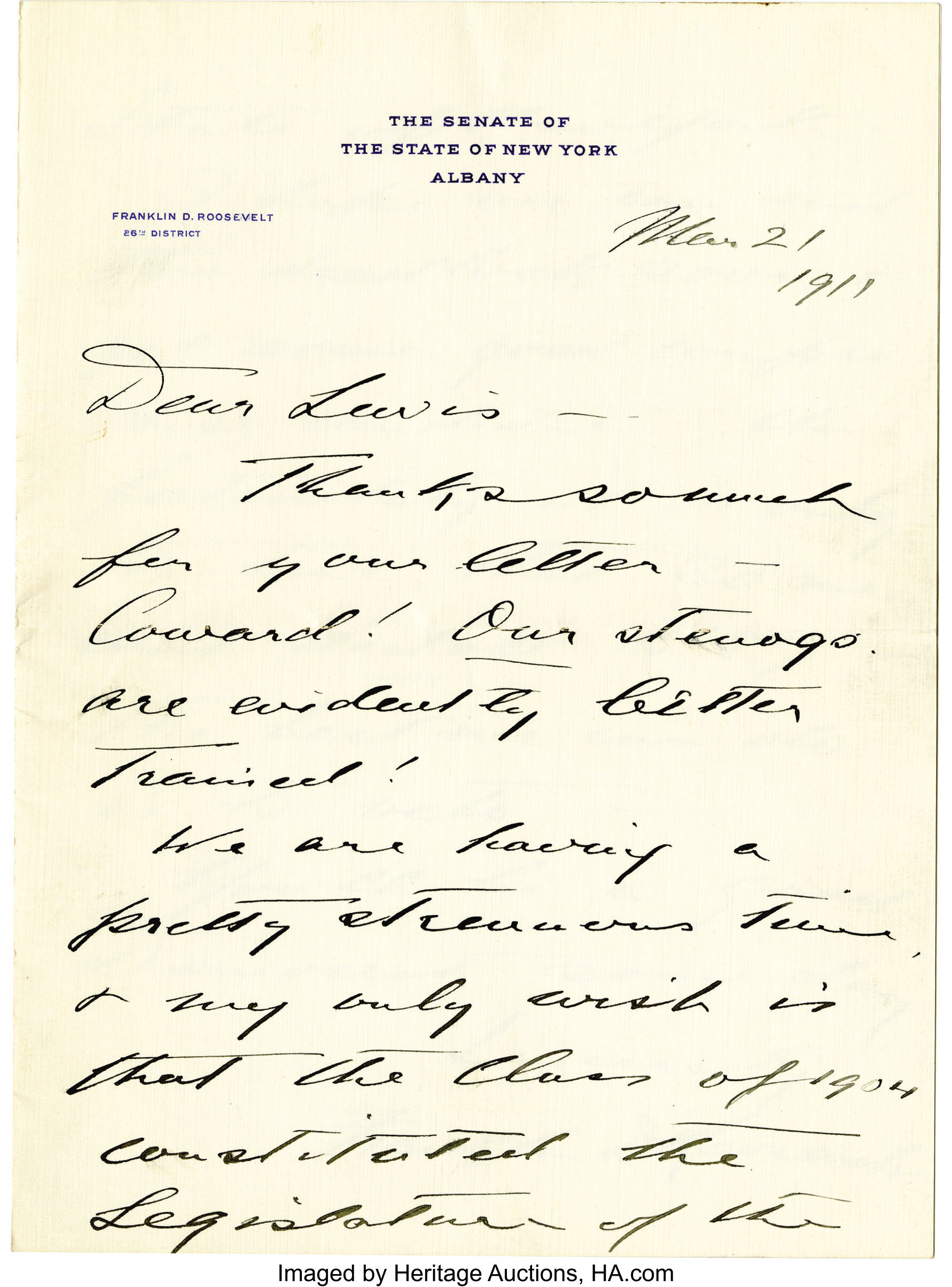 Franklin D. Roosevelt: Autograph Letter Signed as New York | Lot #53296 ...