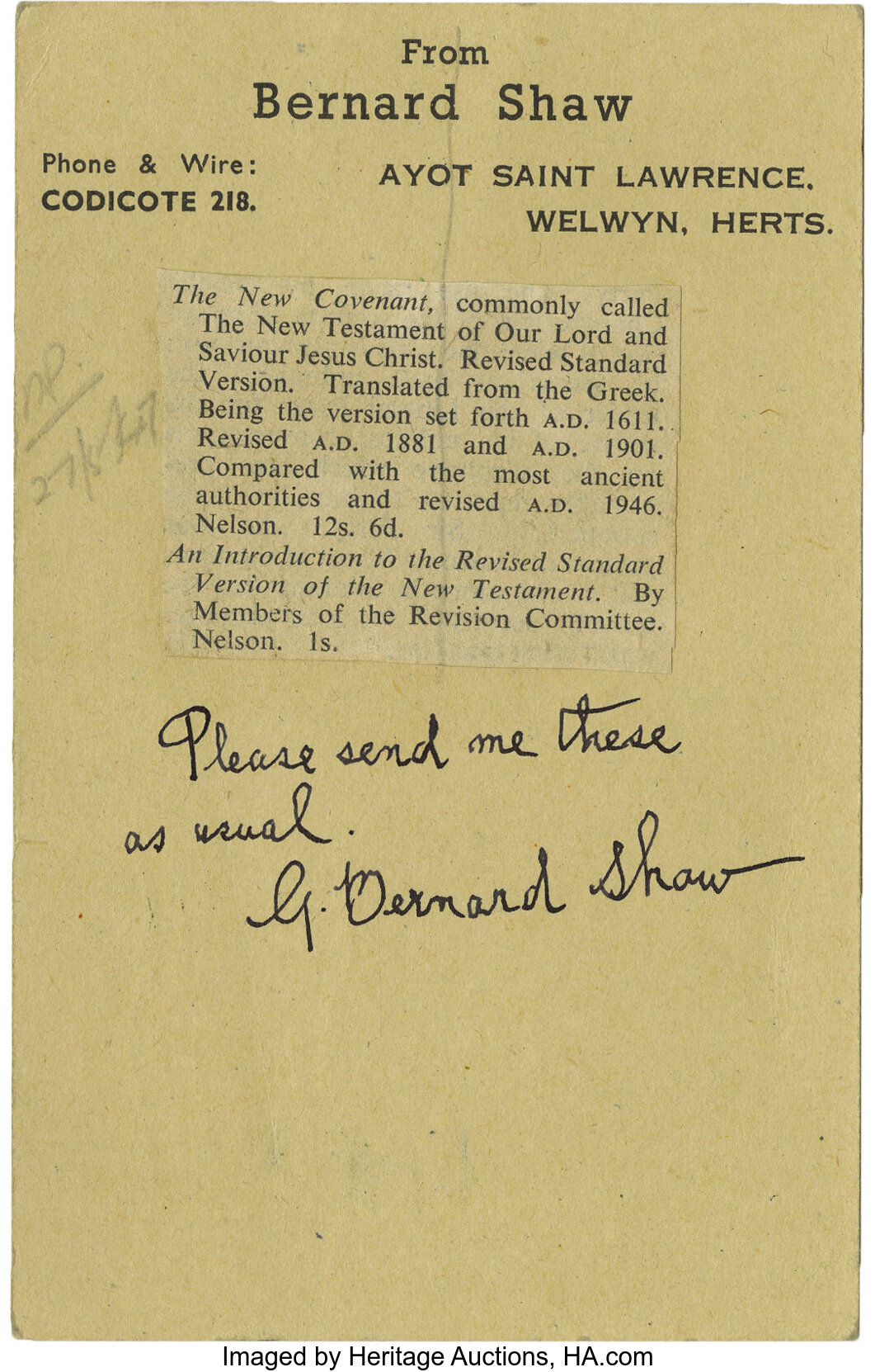 Bernard Shaw Autograph Note Signed ... Autographs Authors | Lot #58083 ...