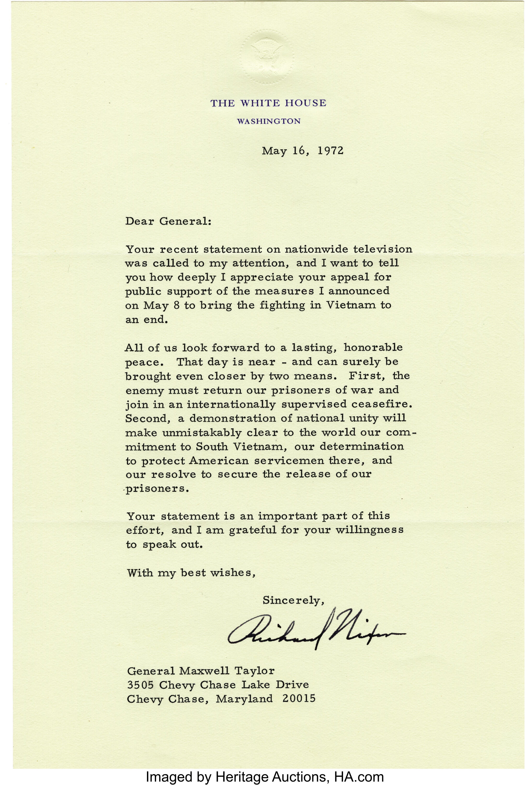 Typed Letter Signed by Richard Nixon as President. One page, small ...
