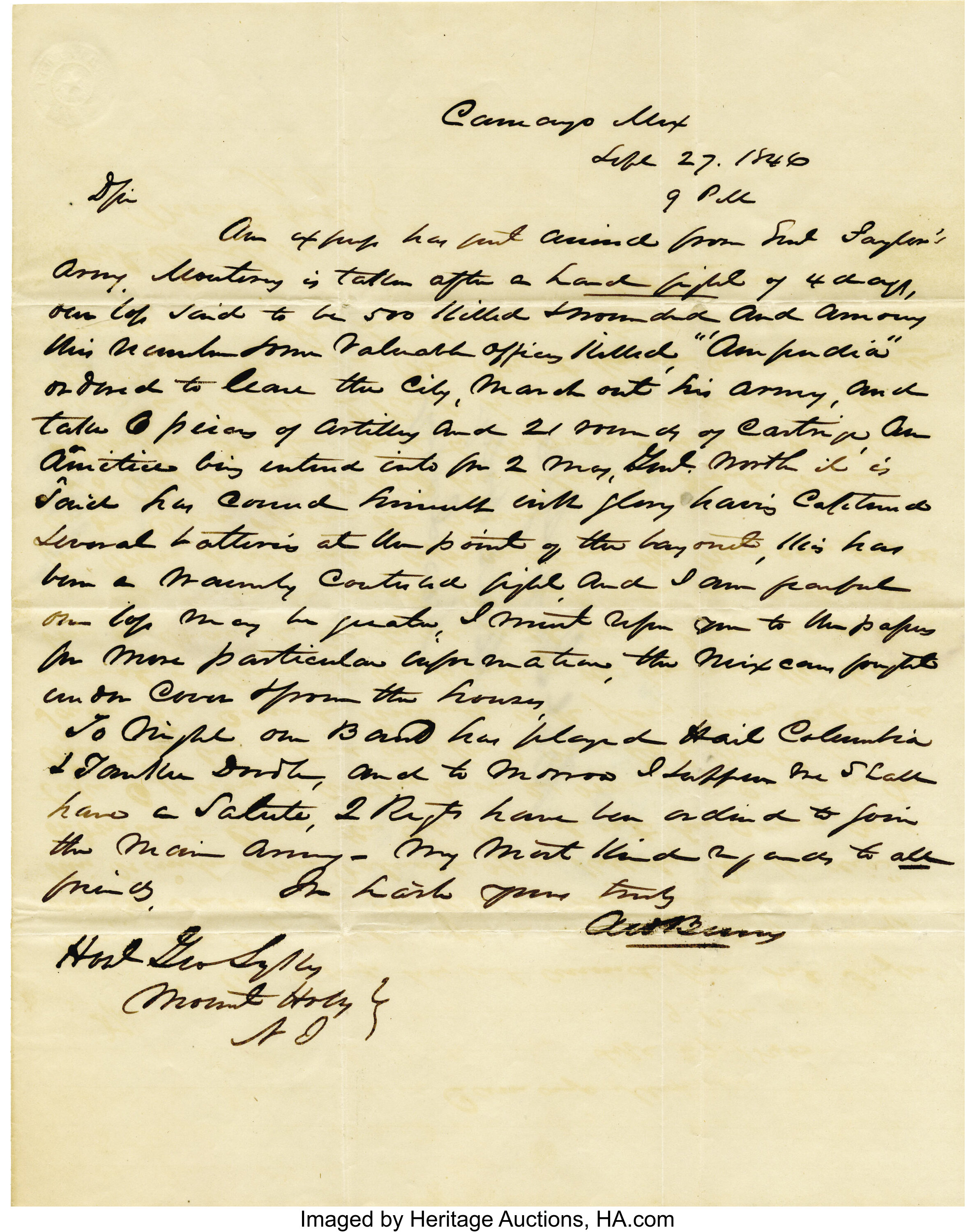 A.W. Burns Autograph Letter Signed Regarding the Battle of | Lot #76200 ...