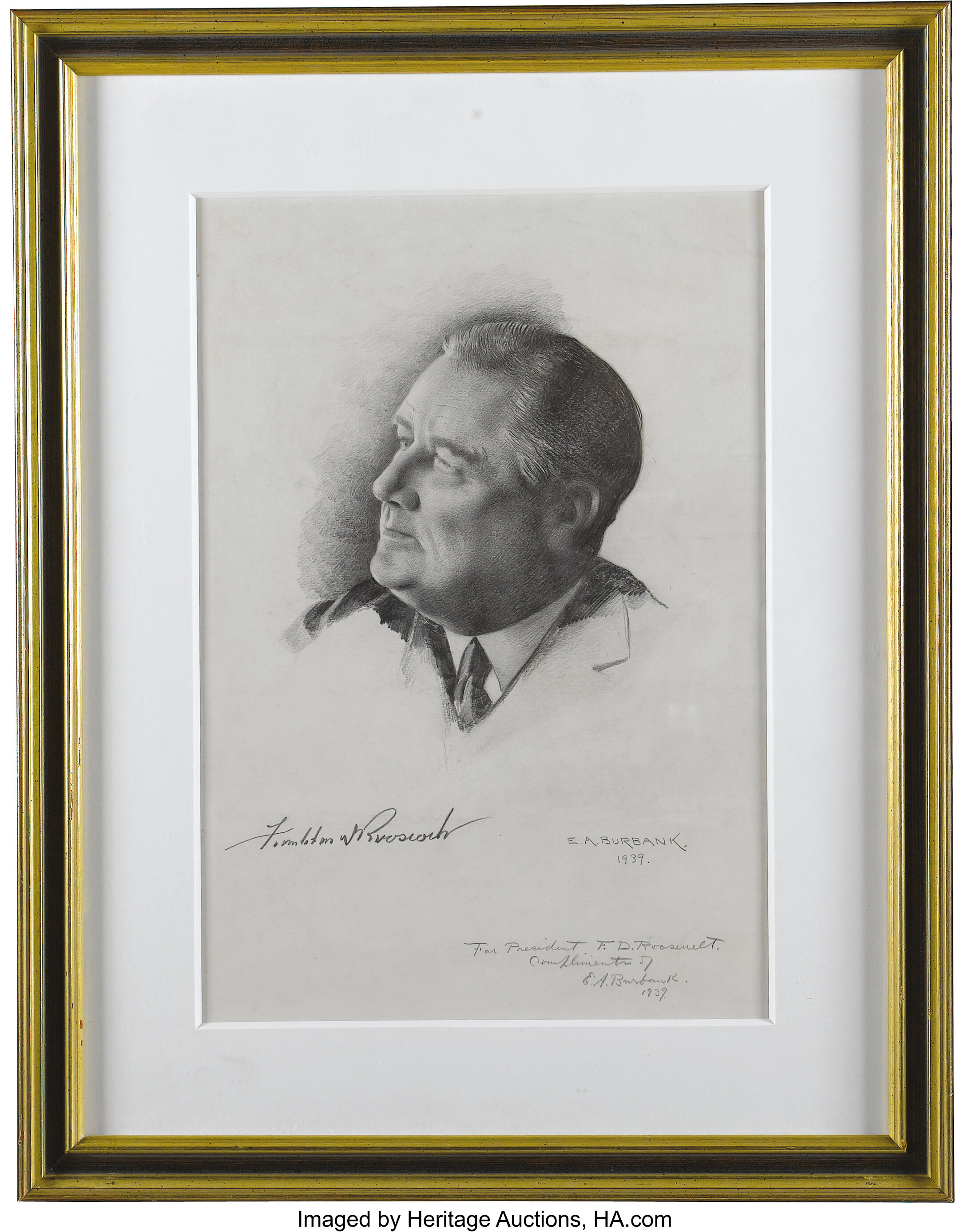 Franklin Roosevelt Signed Original Pencil Portrait by E. A. | Lot ...