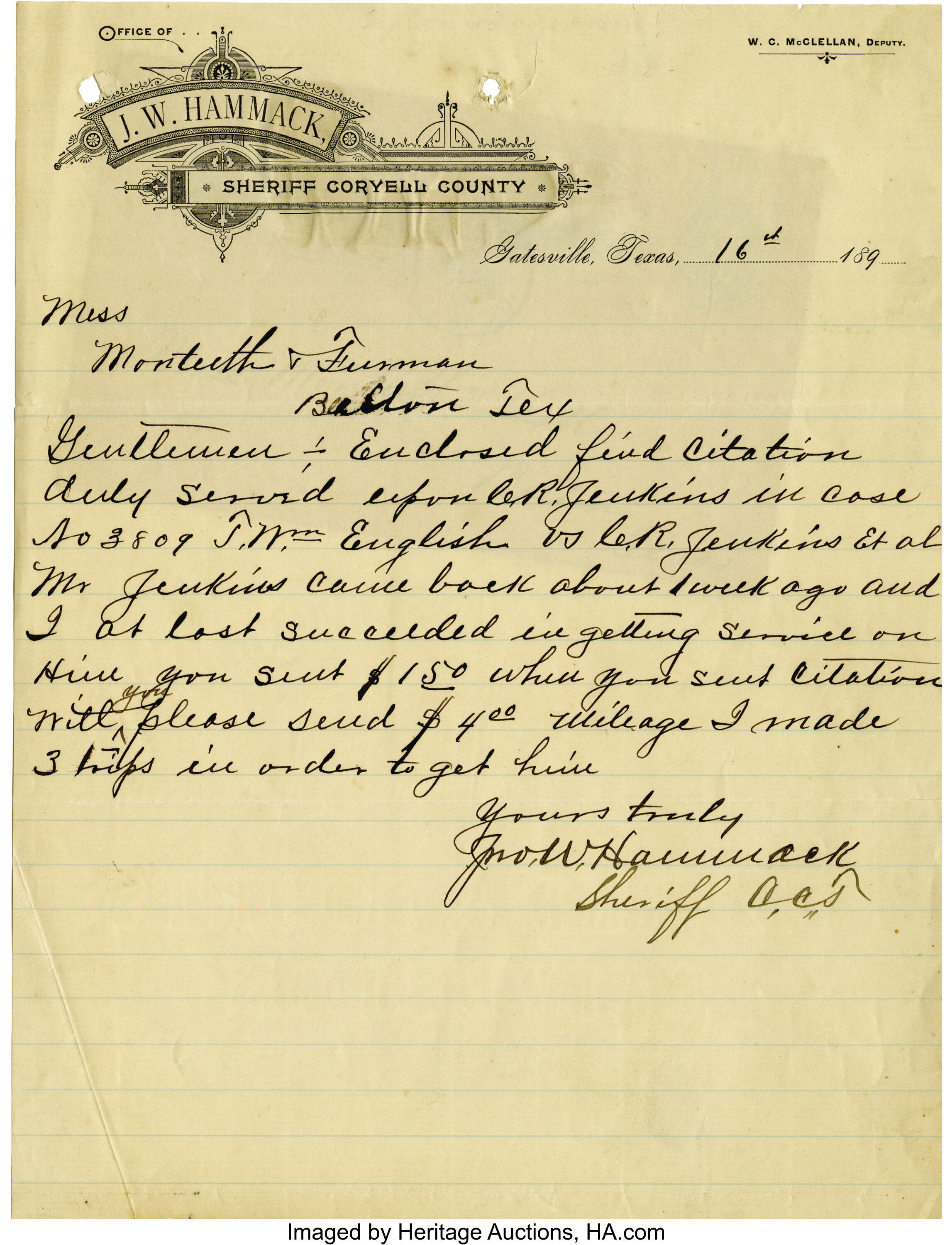 Sheriff J. W. Hammack Letterhead Gatesville, Texas 1890s. ... | Lot ...