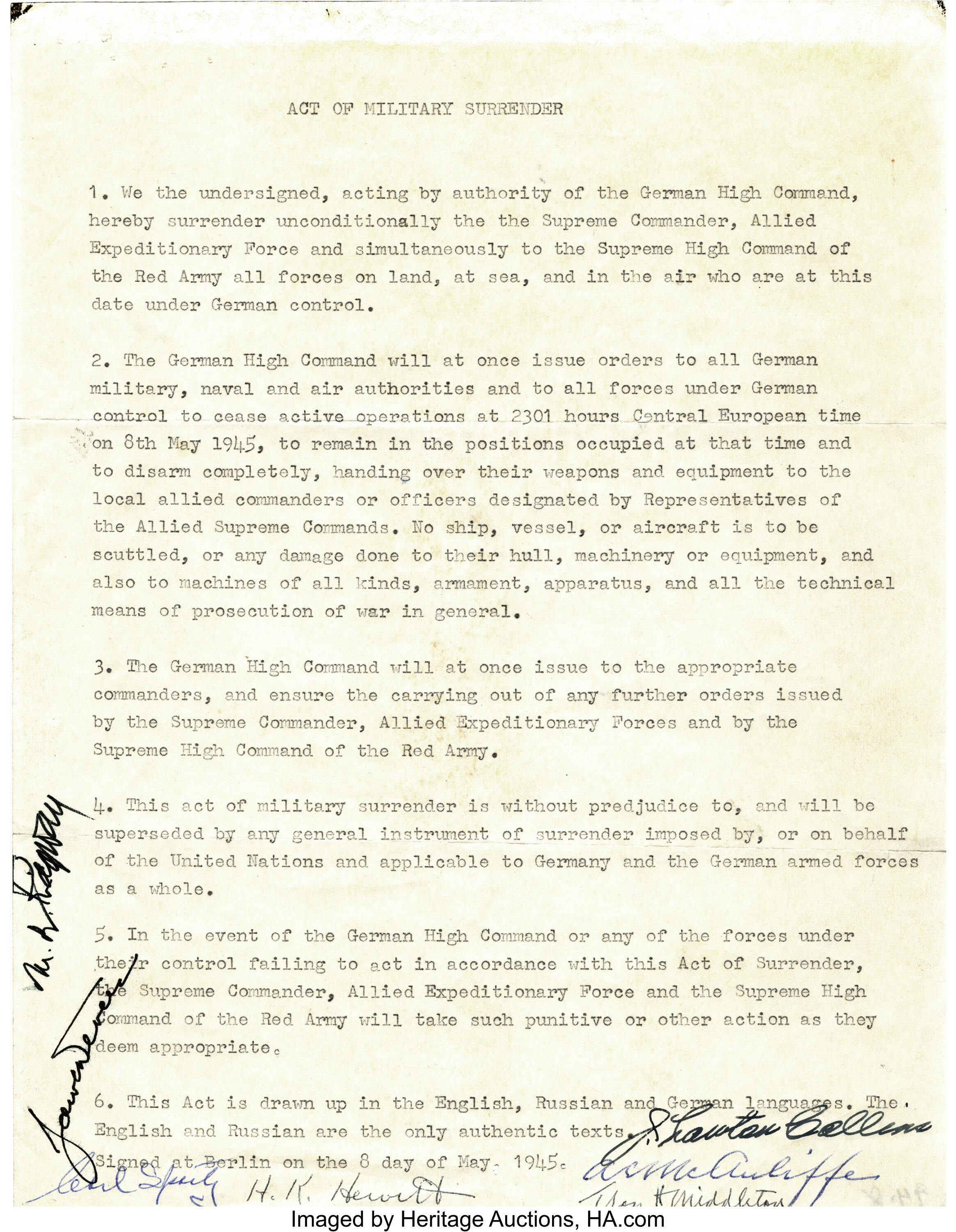 [World War II] "Act of Military Surrender" Typescript Signed by Six ...