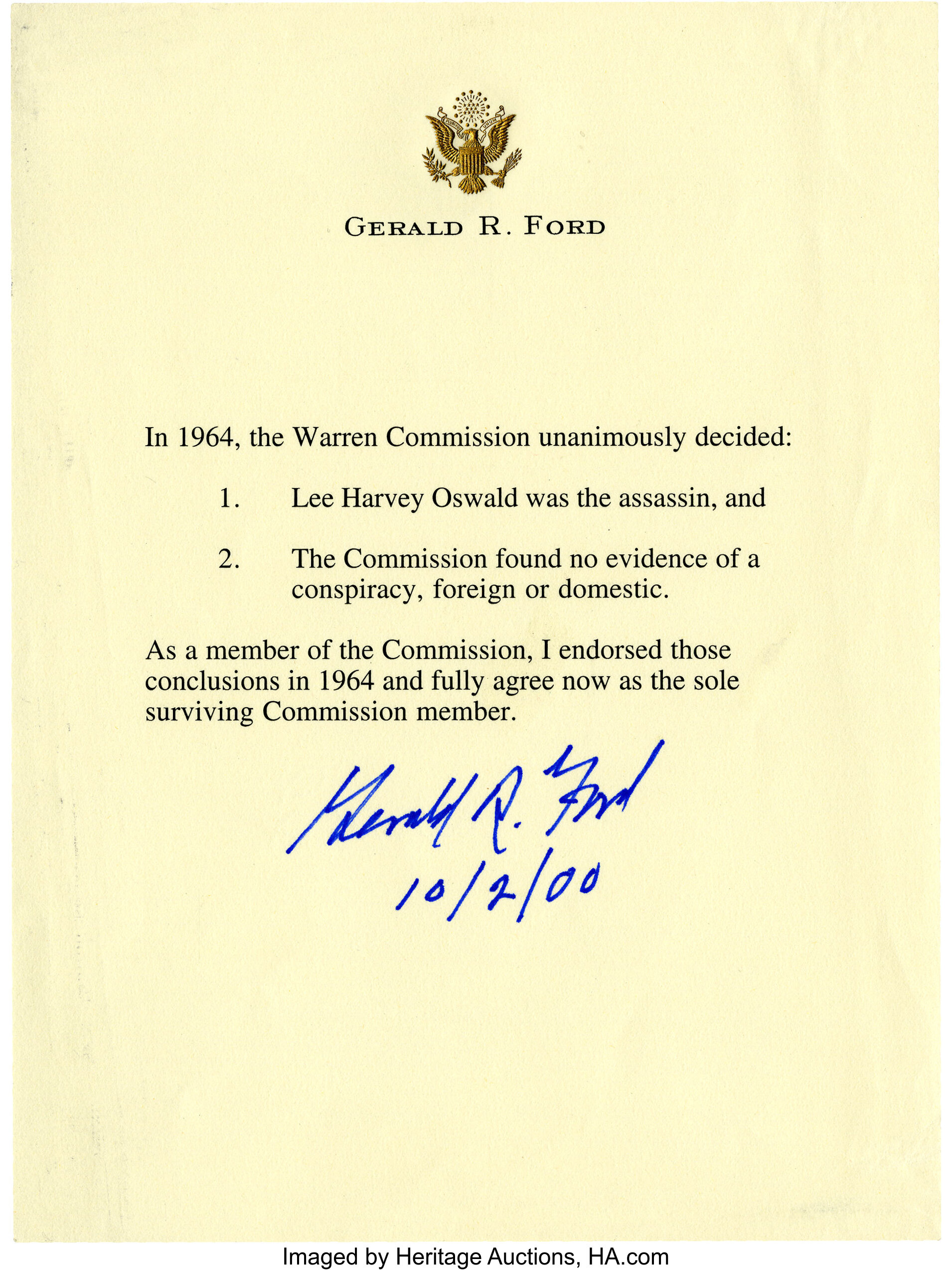 Gerald Ford Warren Commission Statement Signed... Autographs U.S. | Lot ...