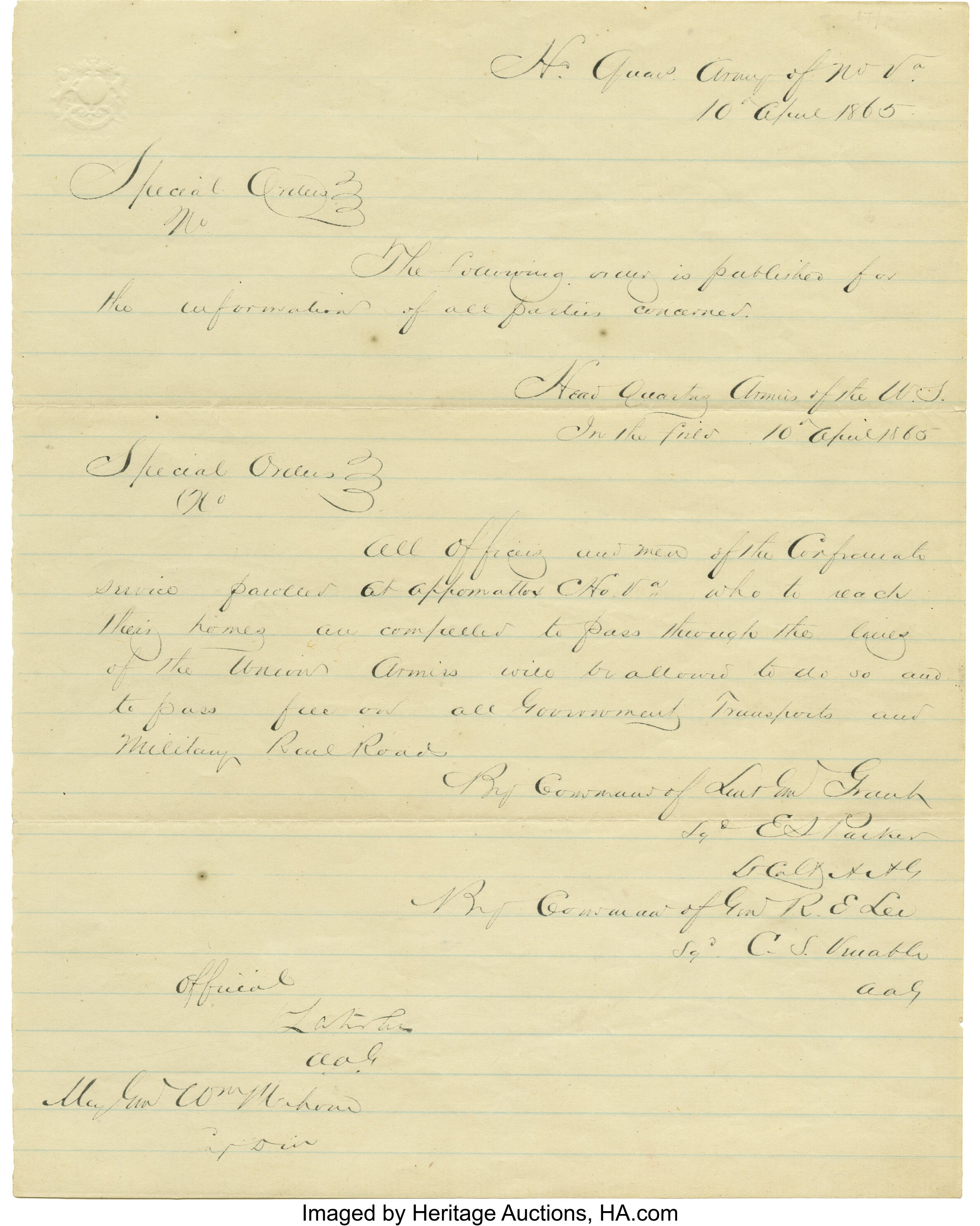 Confederate General William Mahone's Personal Copy of the April 10 ...