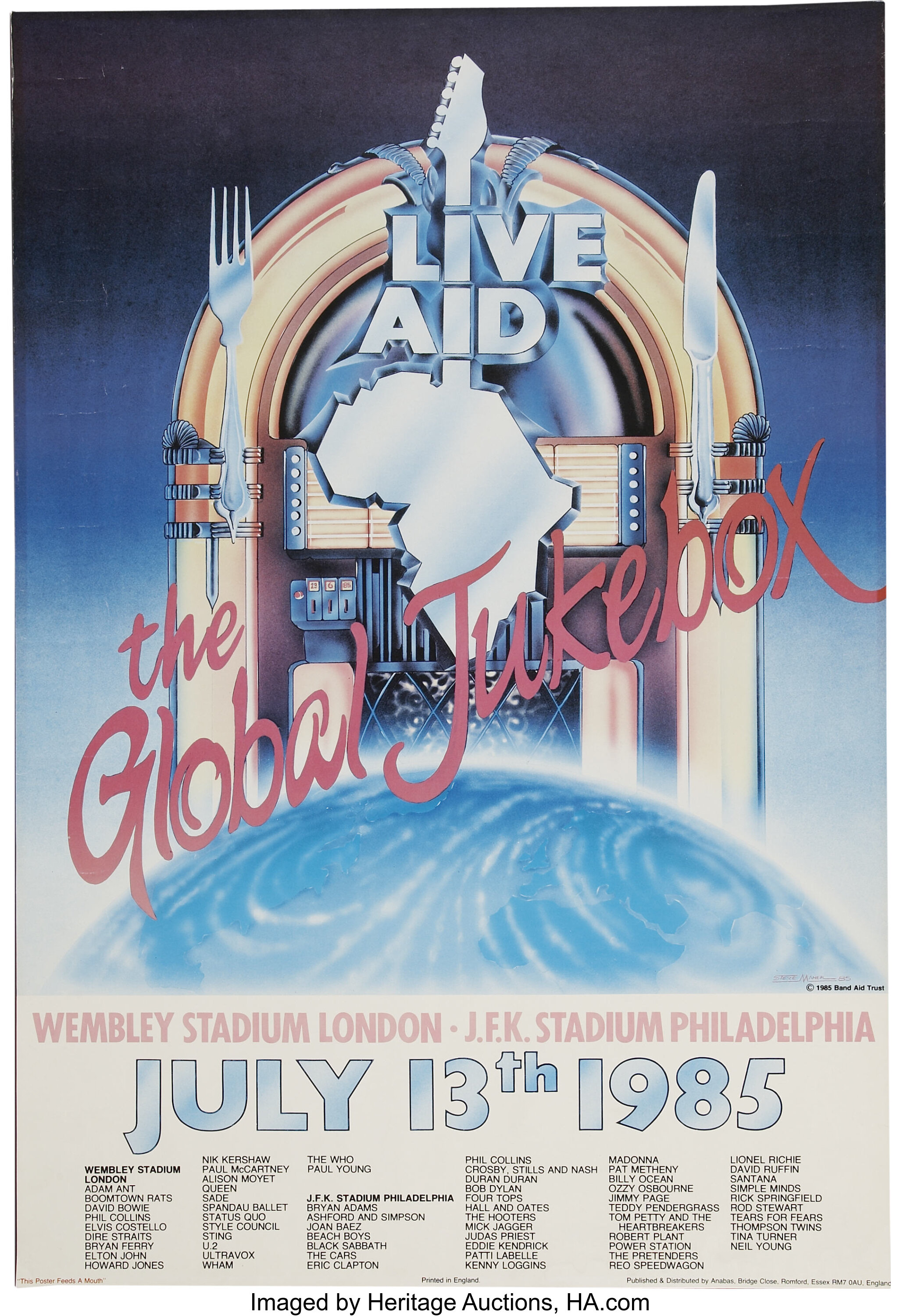 Live Aid Wembley/JFK Stadium Concert Poster (1985) 23.75" x 34.5 ...