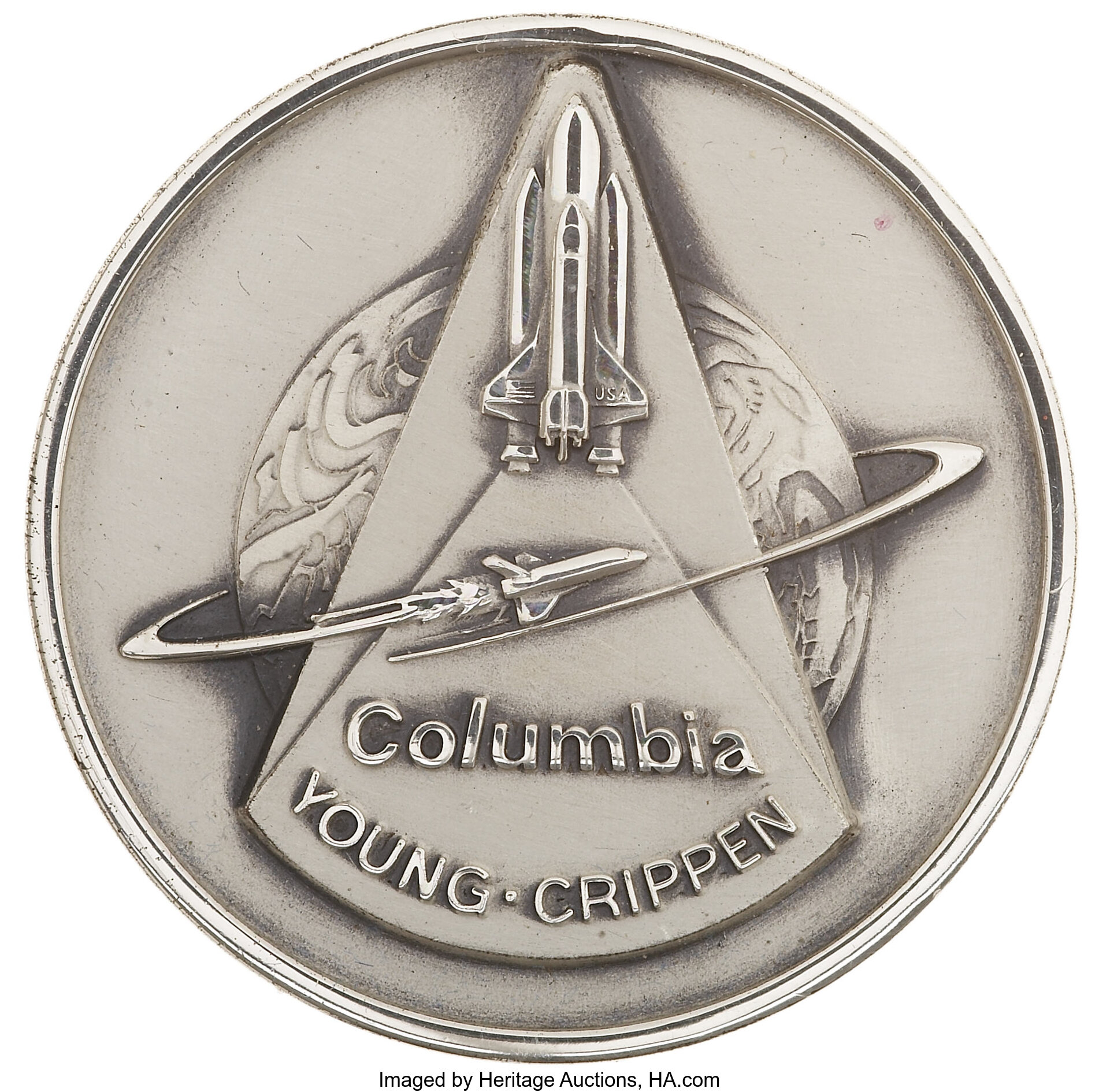 Space Shuttle Columbia (STS-1) Flown Silver Robbins Medallion | Lot ...