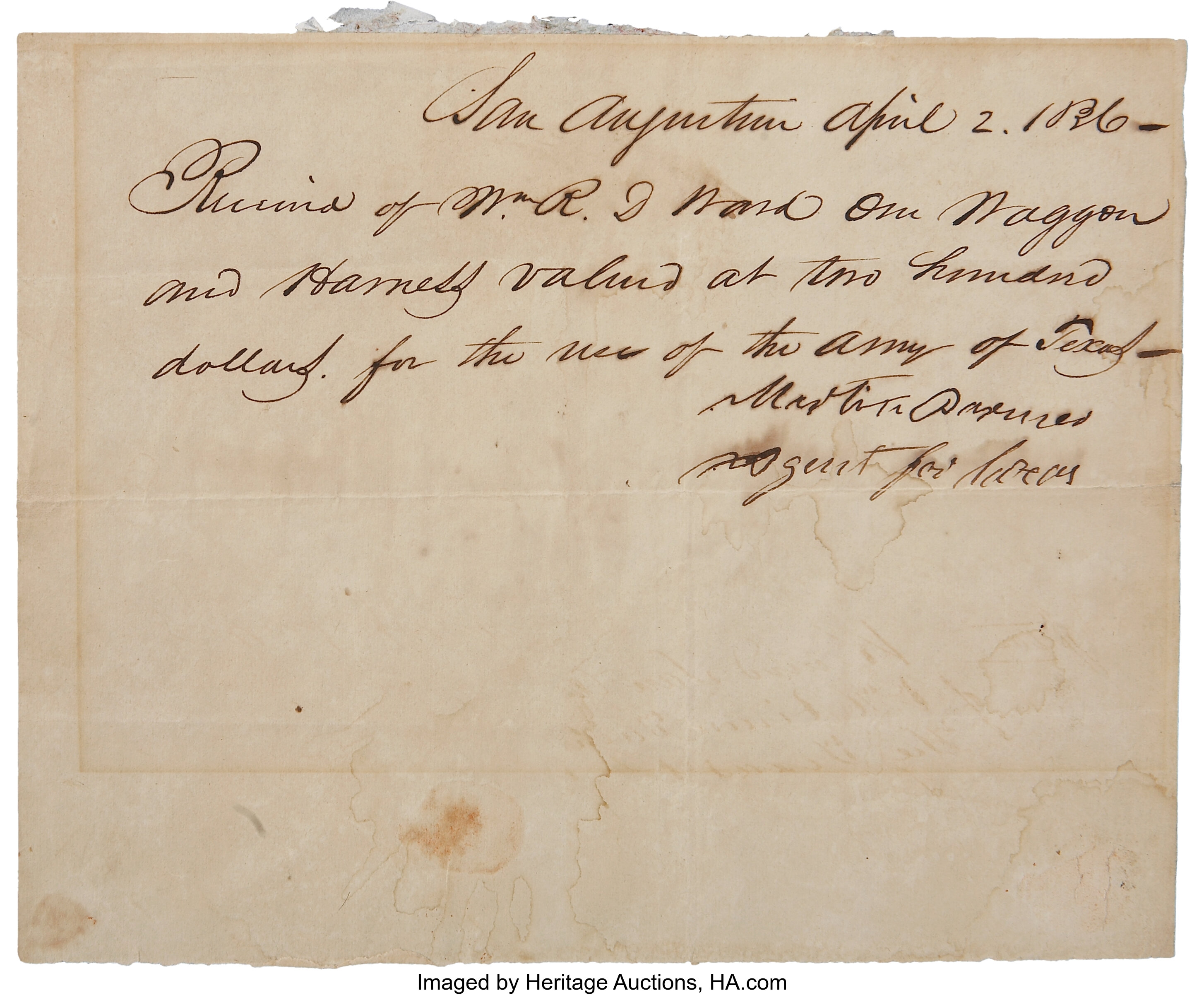 Army of Texas Receipt, Dated Less than a Month after the Alamo, | Lot ...