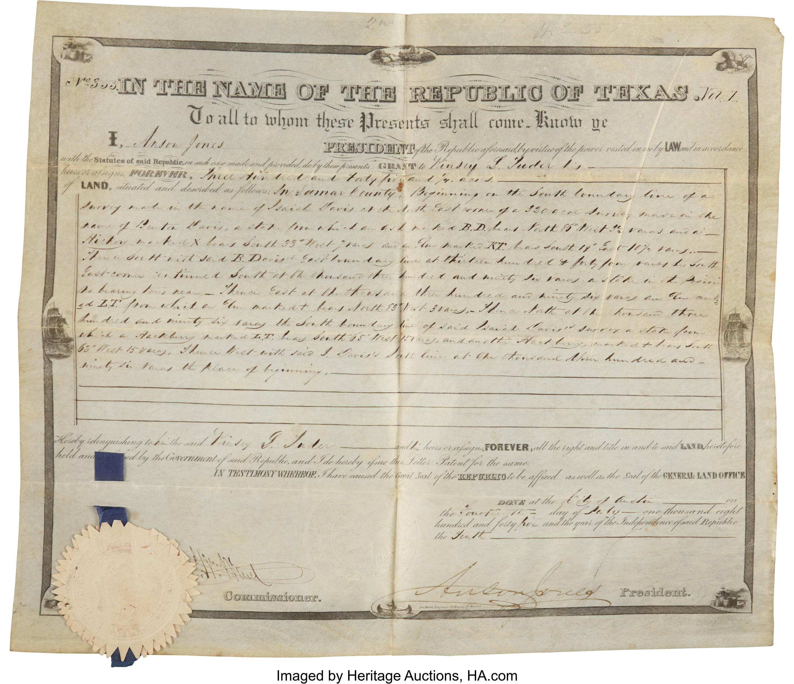 Anson Jones Republic of Texas Land Grant Signed "Anson Jones" as | Lot ...