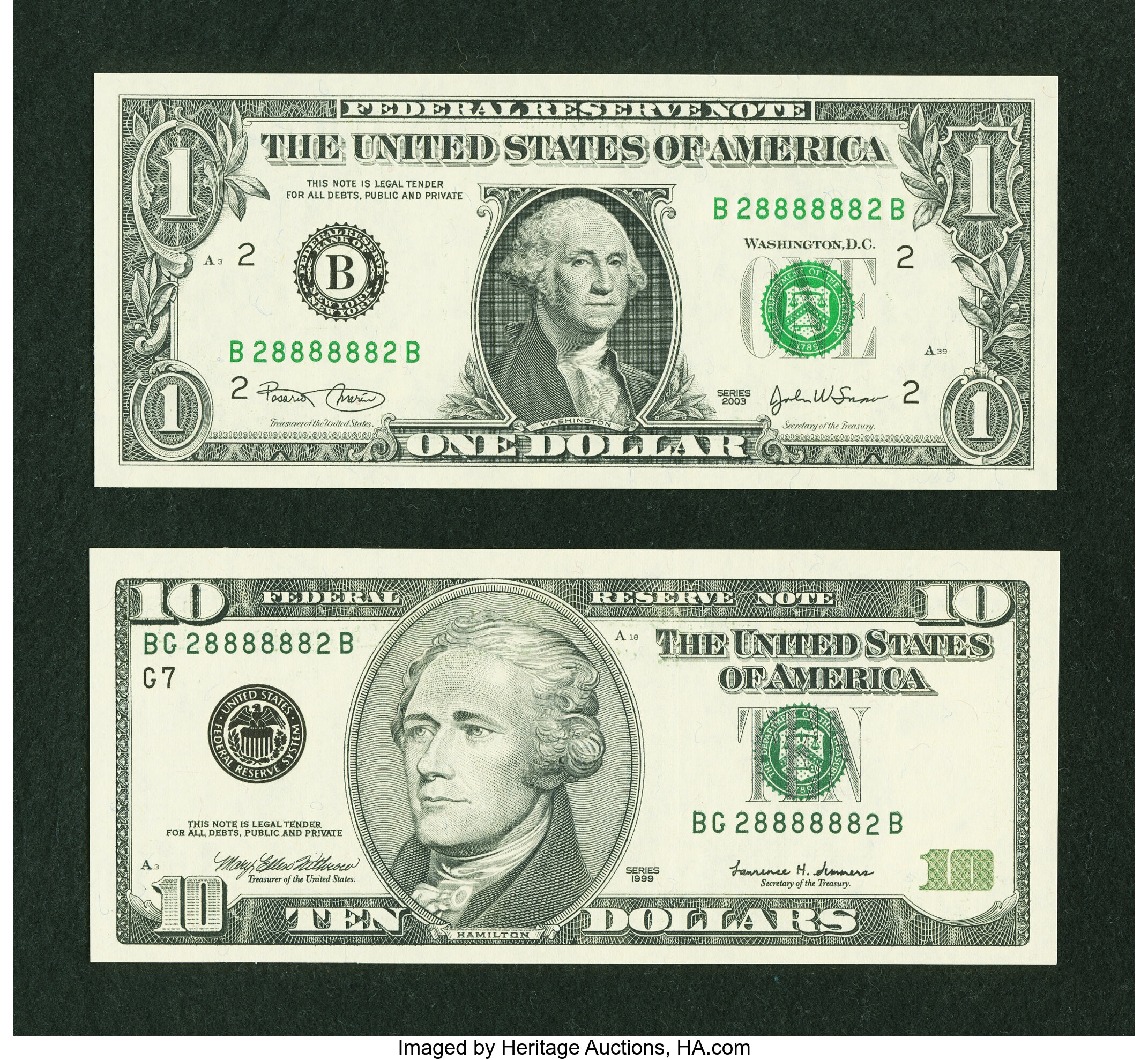 Matched Serial Numbers $1 & $10. ... (Total: 2 notes) Small Size | Lot ...