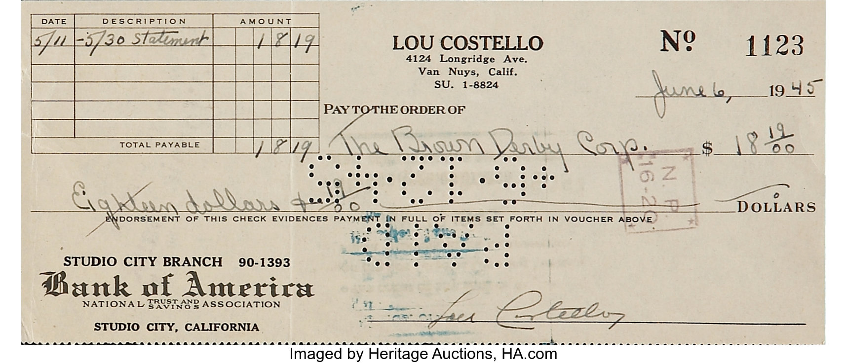 Lou Costello Signed Check.... Movie/TV Memorabilia Autographs and | Lot ...