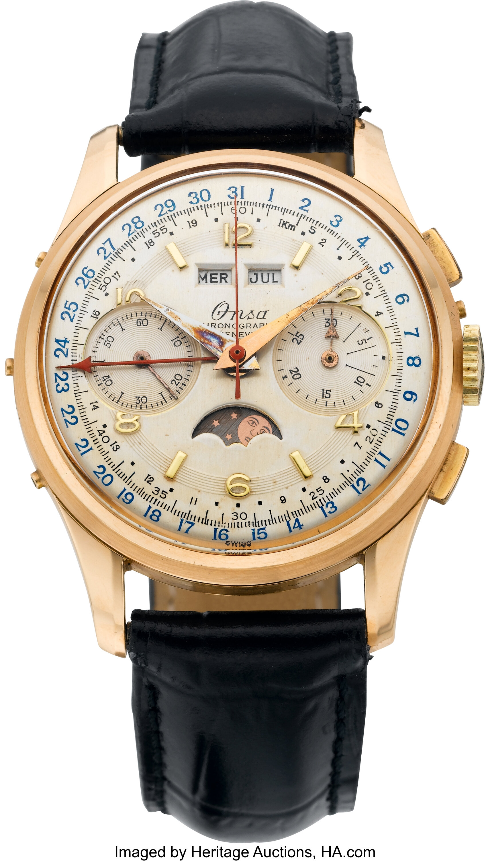Onsa Vintage Gold Moon Phase Calendar Chronograph, circa 1940's. | Lot ...