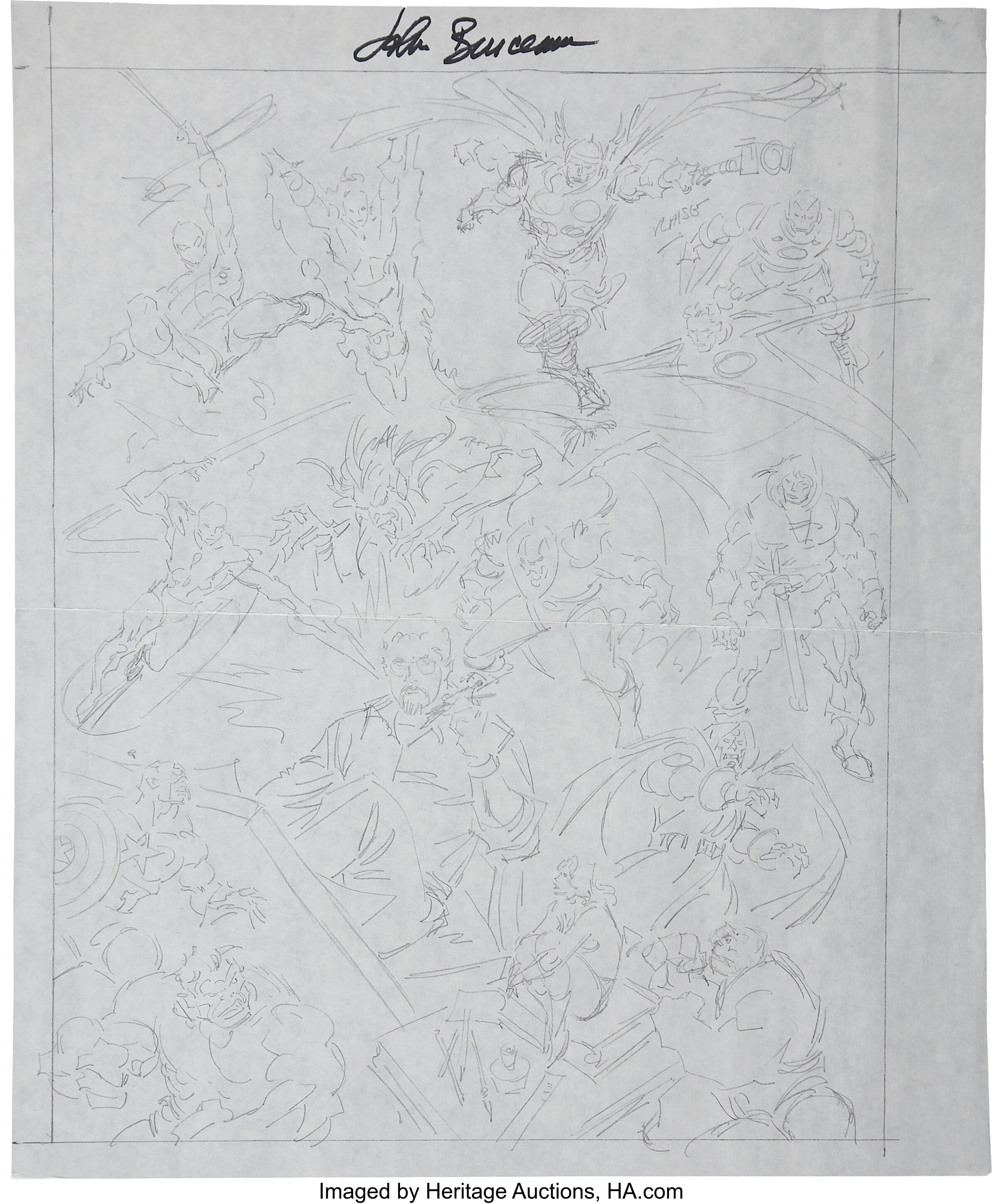 John Buscema Self Portrait with Marvel Super-Heroes Preliminary | Lot ...