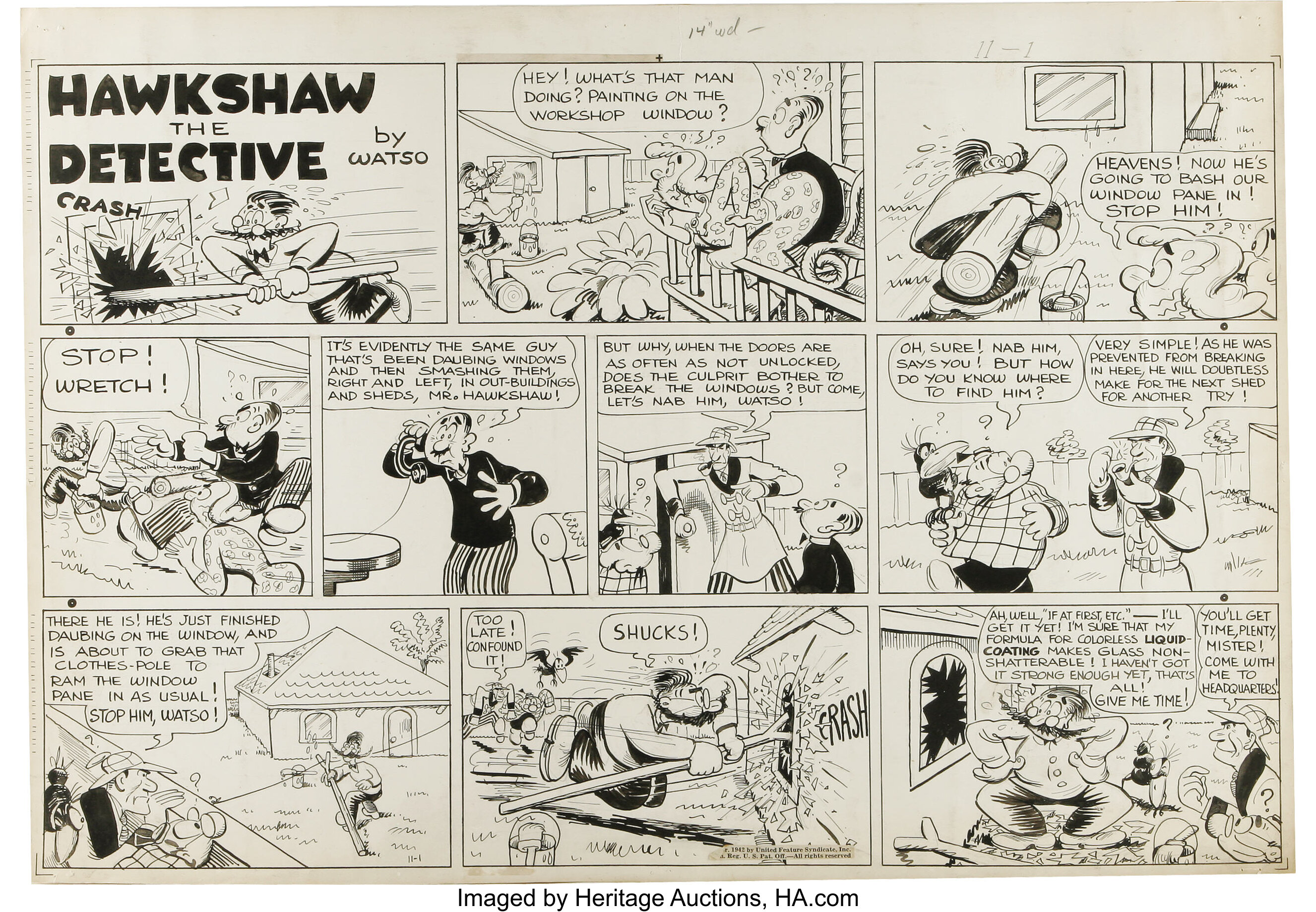 Gus Mager - Hawkshaw the Detective Sunday Comic Strip Original Art ...