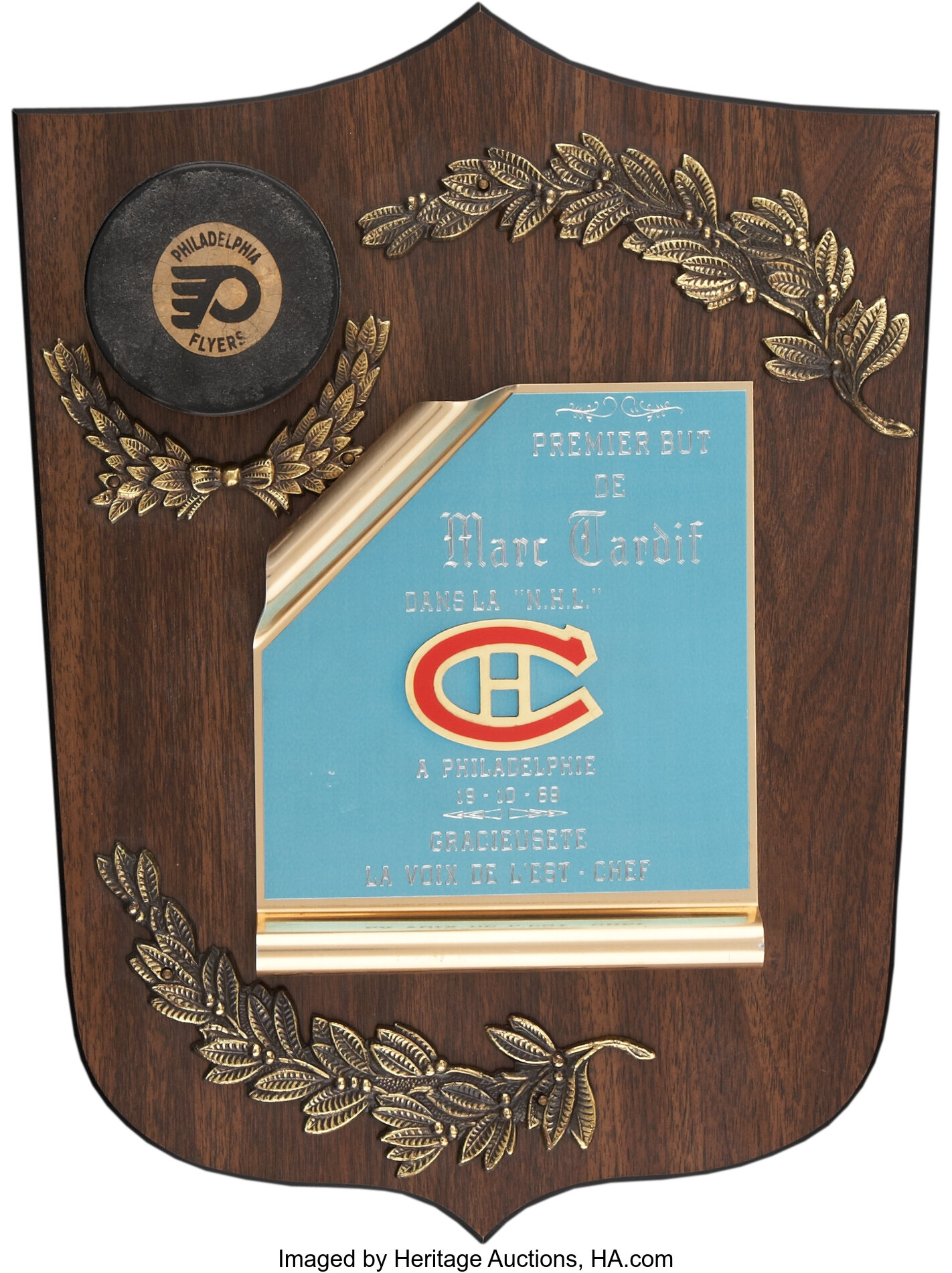 1969 Marc Tardif First Goal Puck Presentational Plaque.... Hockey | Lot ...