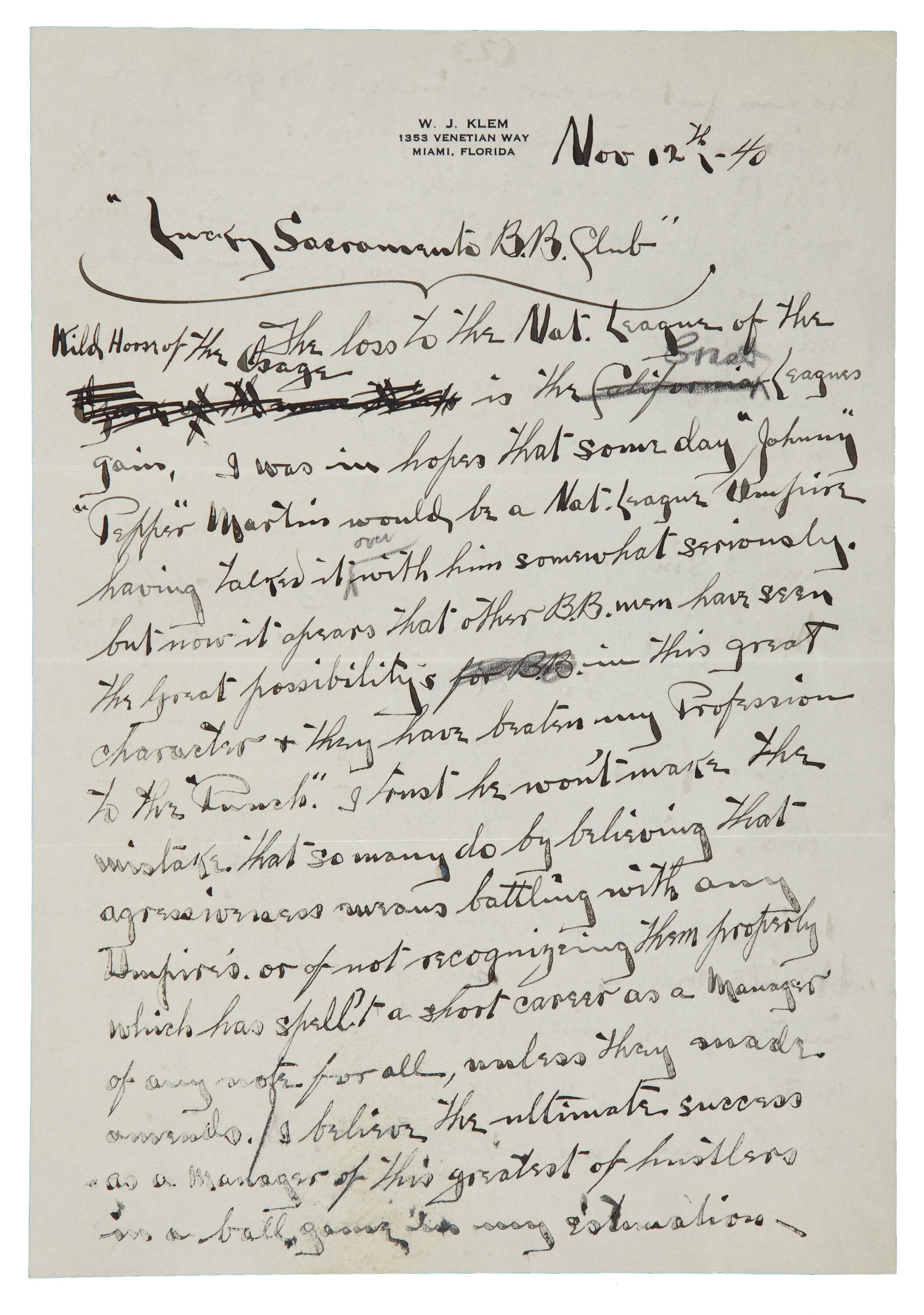 1940 Bill Klem Handwritten Double Signed Letter.... Autographs | Lot ...