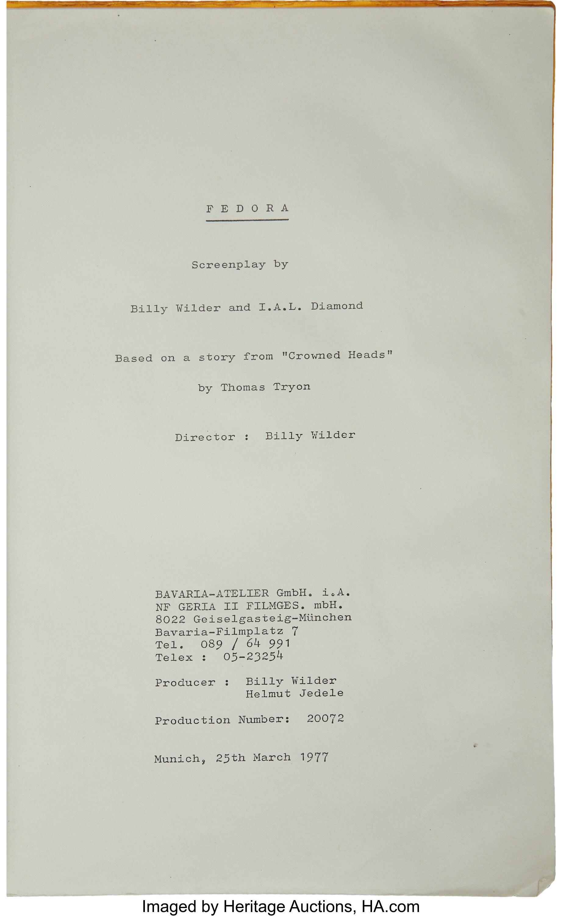 Billy Wilder Fedora Annotated Script.... Movie/TV Memorabilia | Lot ...
