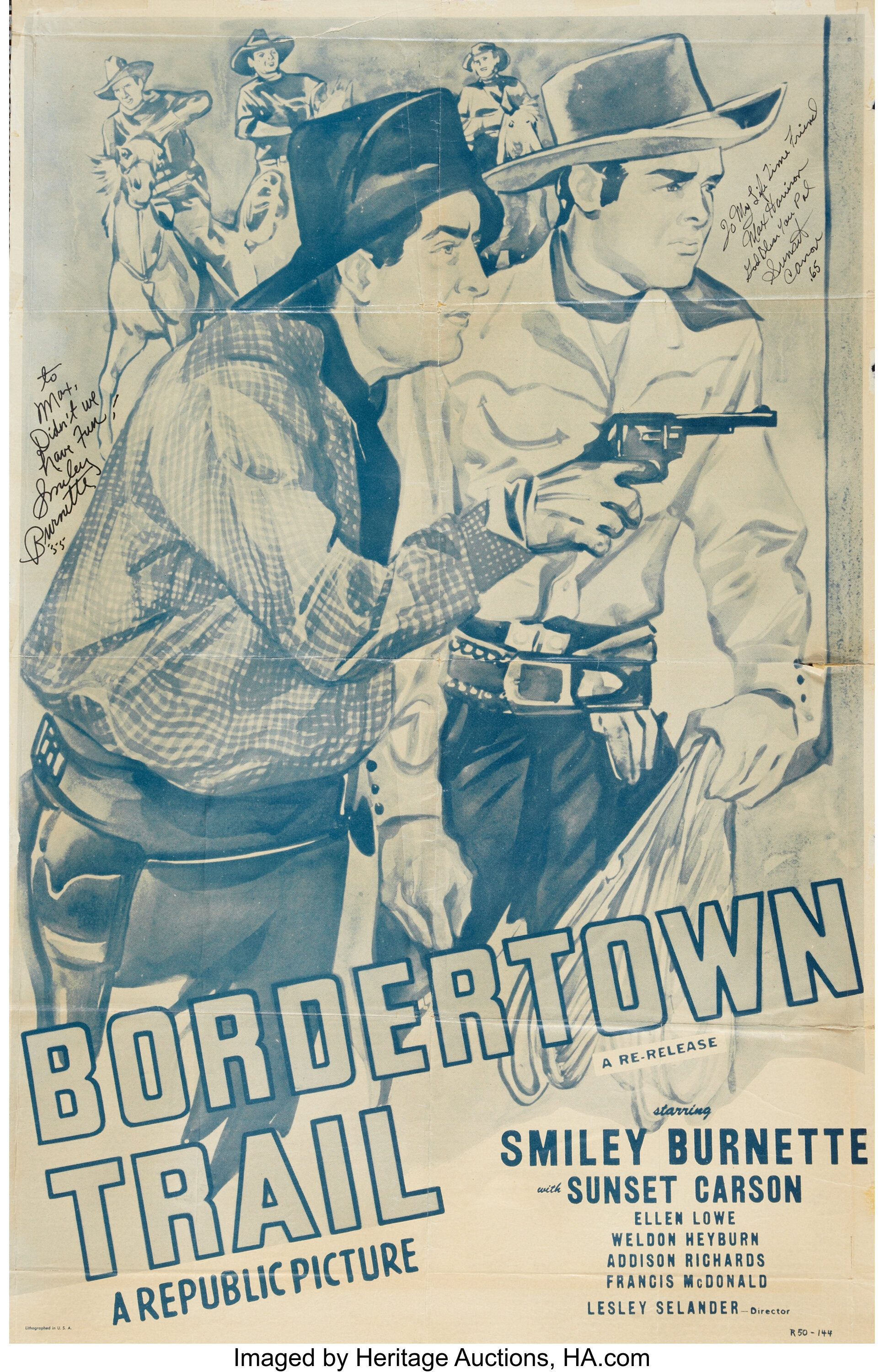 Sunset Carson and Smiley Burnette Signed Bordertown Trail Movie | Lot ...