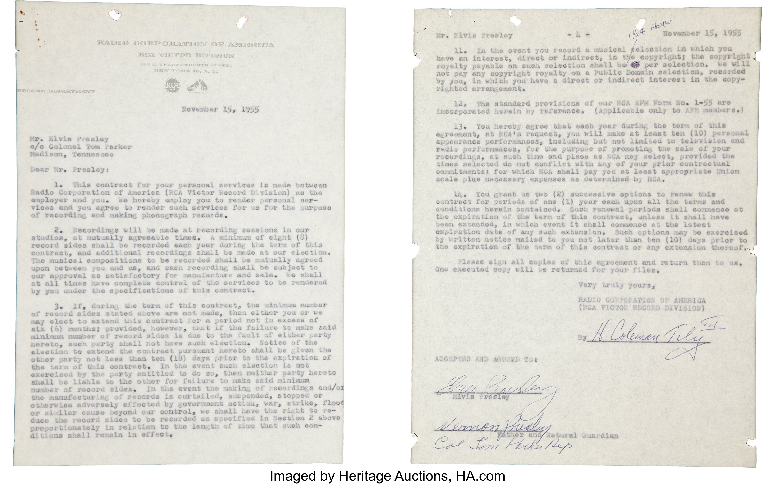Elvis Presley's Legendary 1955 Original Personal Services Contract ...