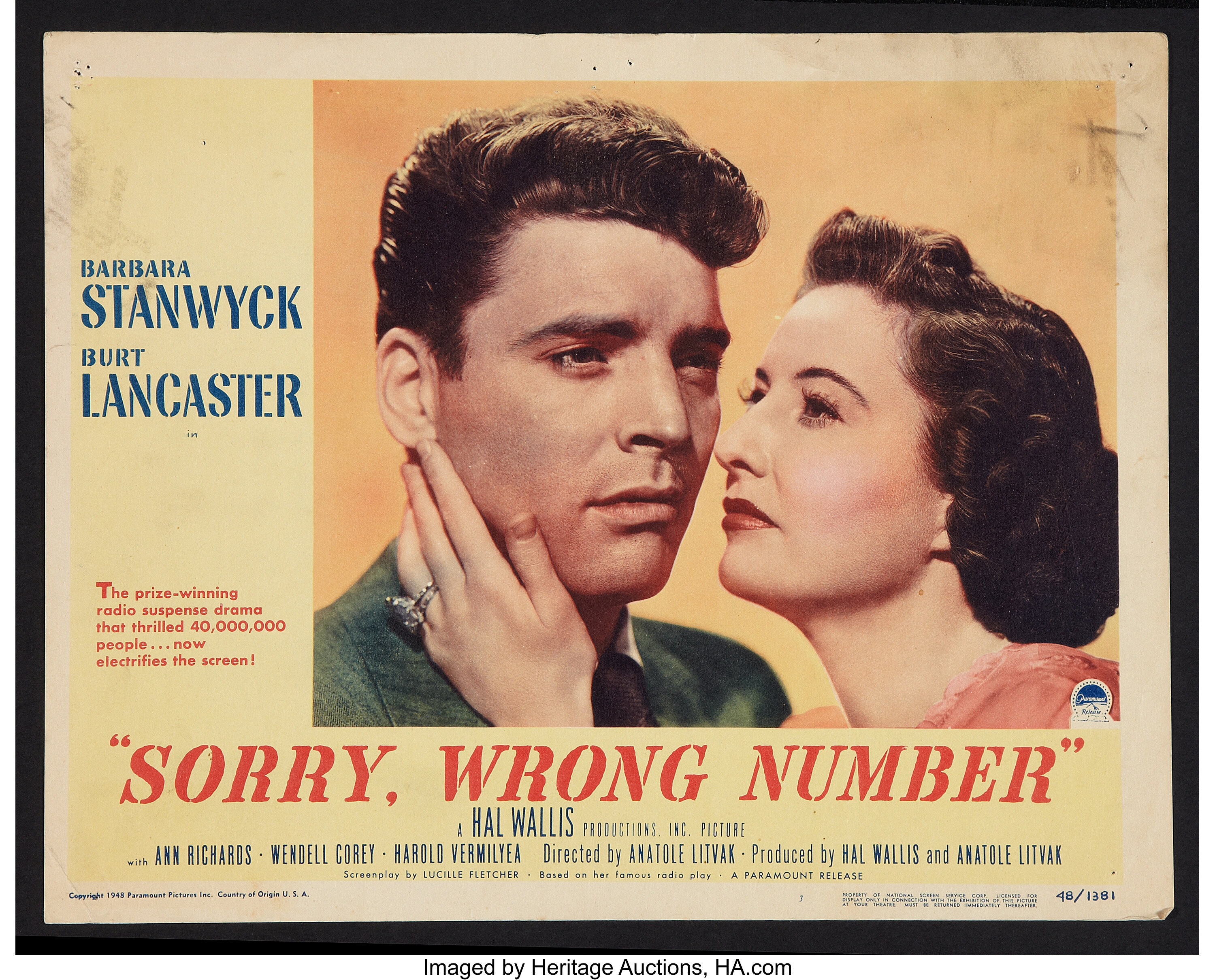 Sorry, Wrong Number (Paramount, 1948). Lobby Card (11" X 14"). Film ...